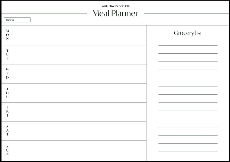 Meal Planner W/ Grocery List Landscape Printable Minimalist Weekly Meal ...