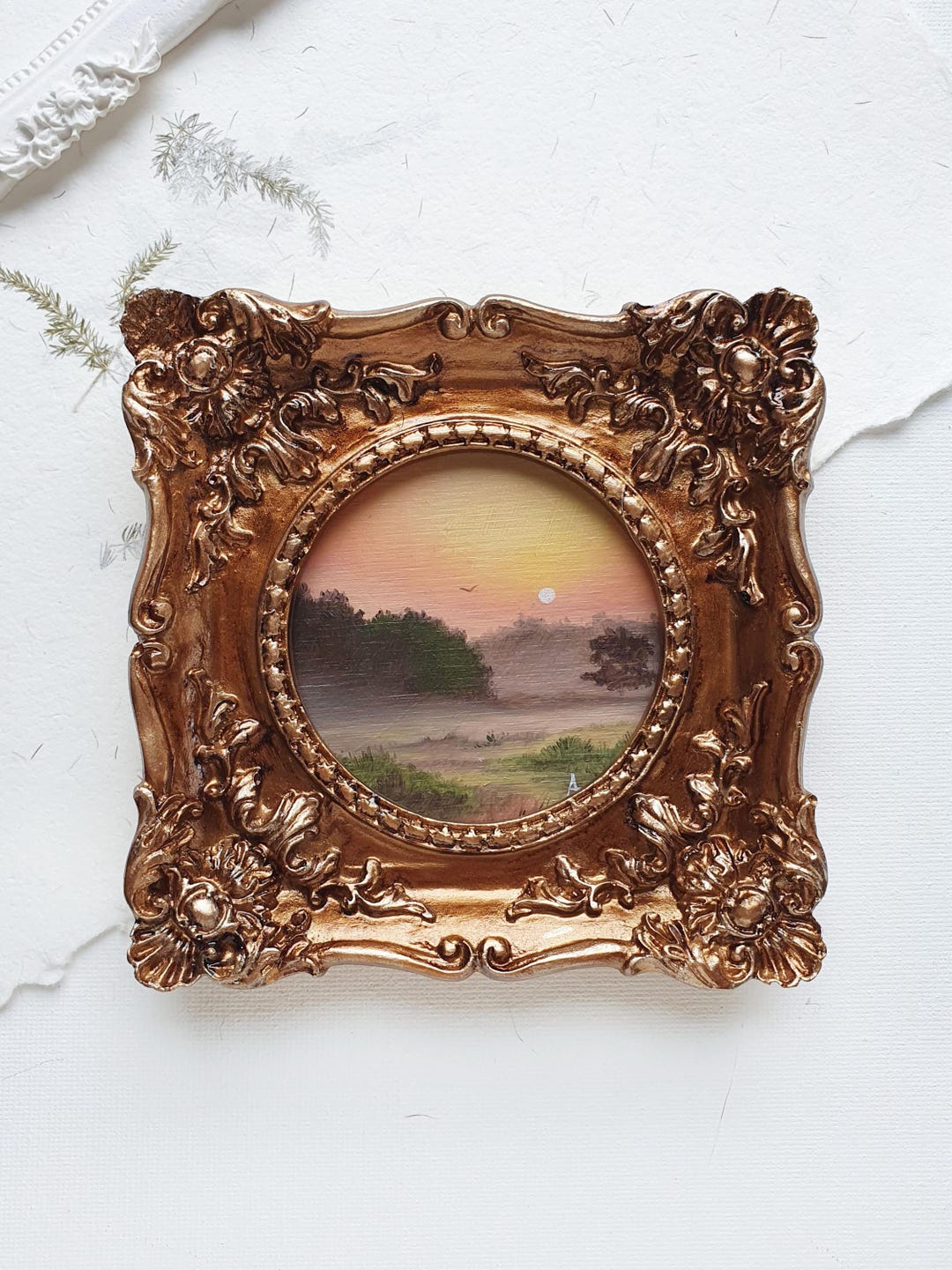 Sunset Landscape Painting, Original Small Framed Art, Gold Gallery Wall ...