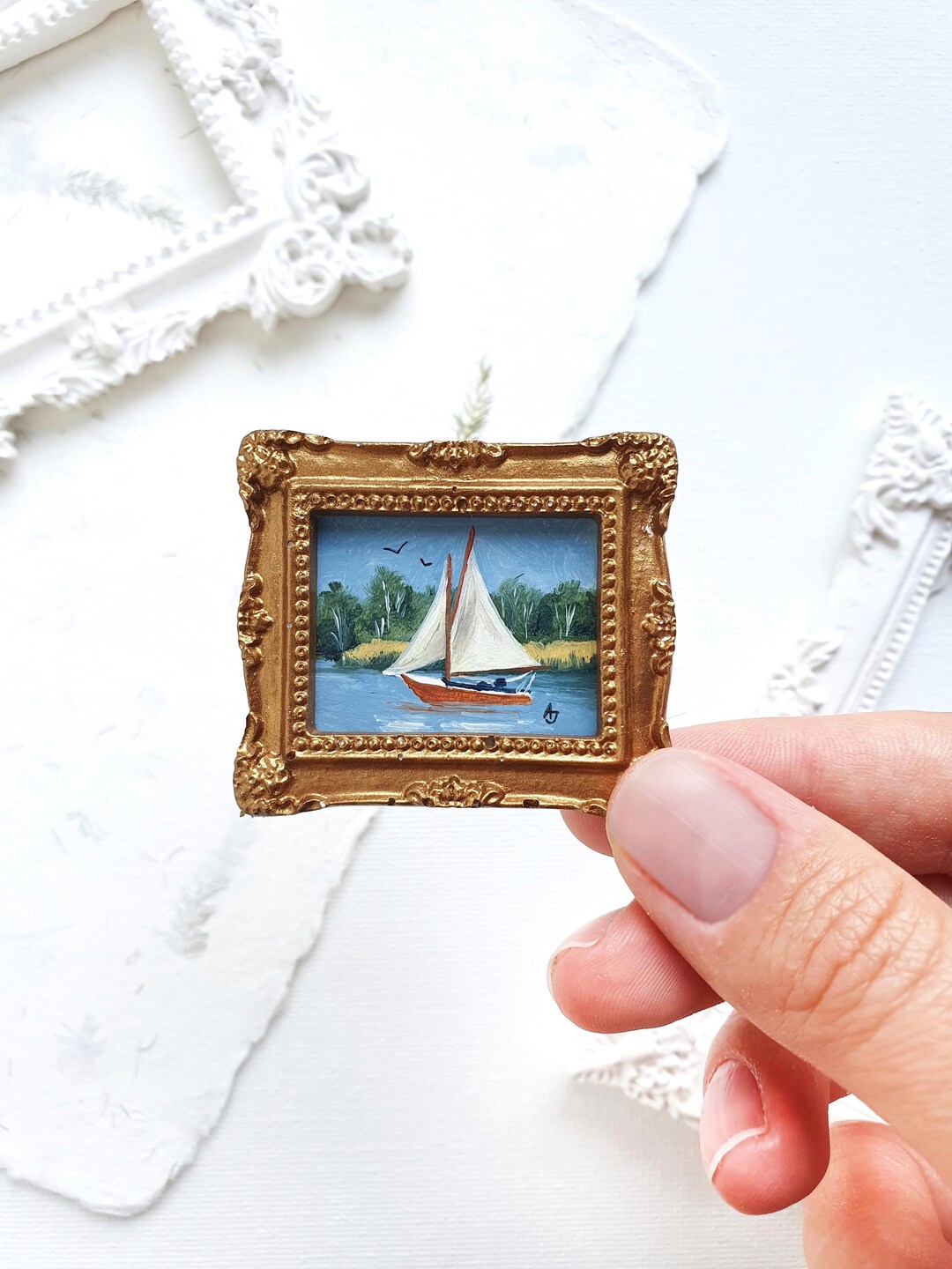 Tiny Boat Oil Painting, Original Miniature Art Framed, Nautical Art ...