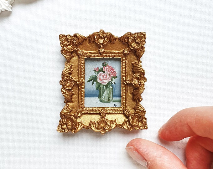 Miniature Floral Oil Painting, Vintage Style Mini Artwork, Hand Painted Tiny Floral Painting - Etsy