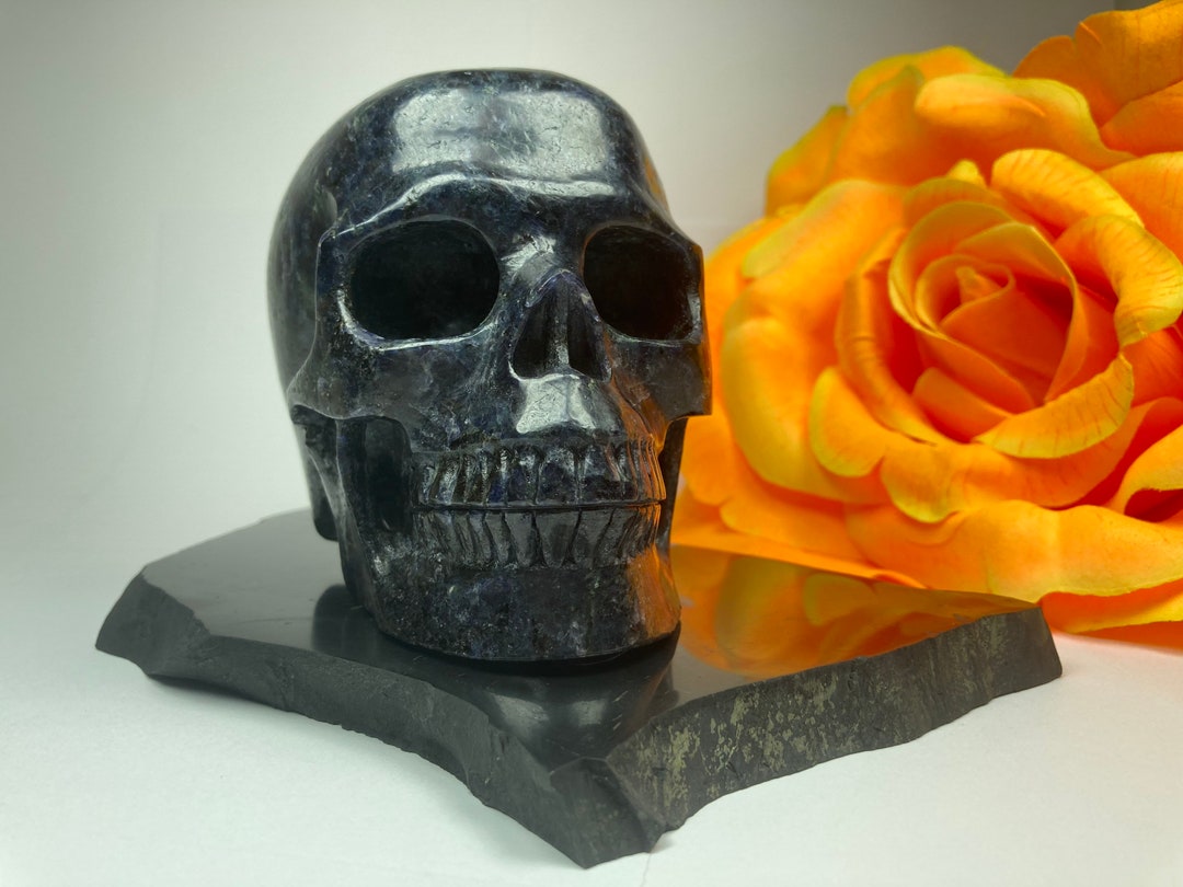 5 Crystal Skull With SHUNGITE Polished Top Stand Reiki & Chakra Healing Tool One of a Kind Hand ...