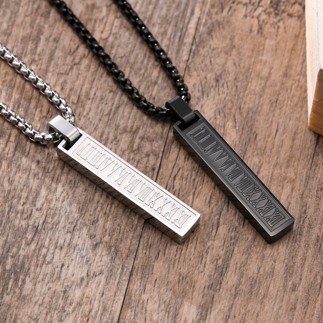 Silver Long Bar Pendant Necklace for Men or Women, Stainless Steel ...