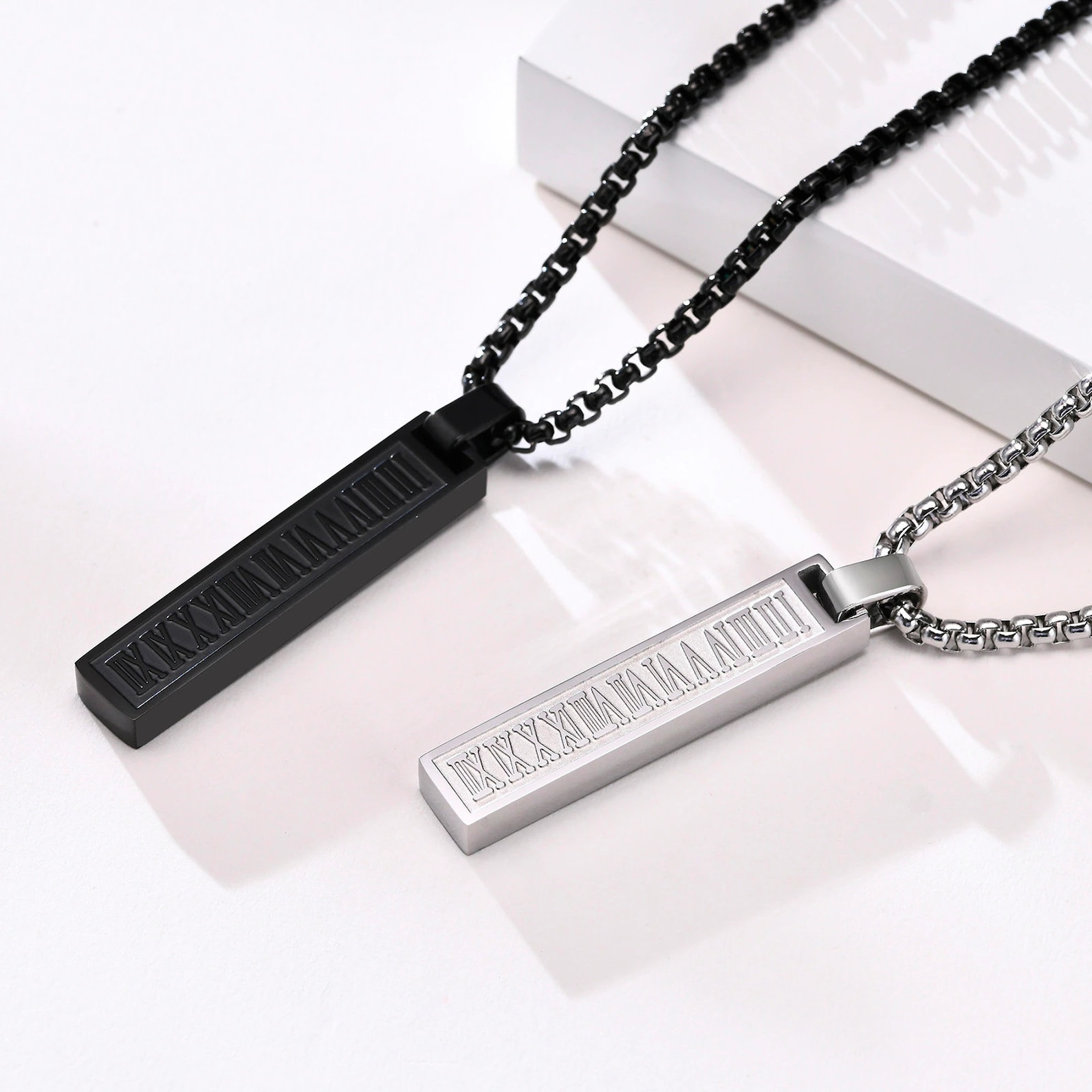 Silver Long Bar Pendant Necklace for Men or Women, Stainless Steel ...