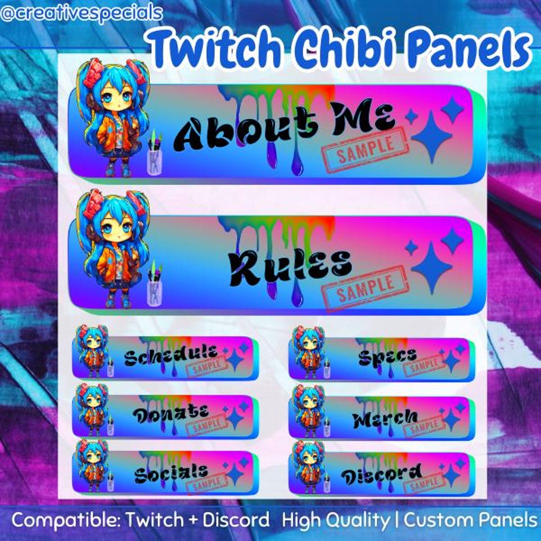 Artful Chibi Twitch Panels Custom Panels With Rainbow Dripping Paint ...