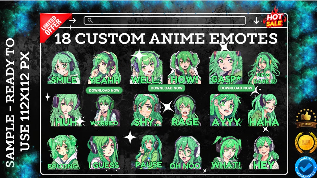 Anime Twitch Emote Pack 18 Green Hair GAMER GIRL Girl With Headset ...