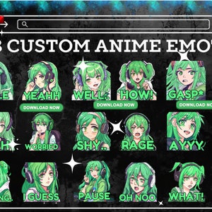 Anime Twitch Emote Pack 18 Green Hair GAMER GIRL Girl With Headset ...