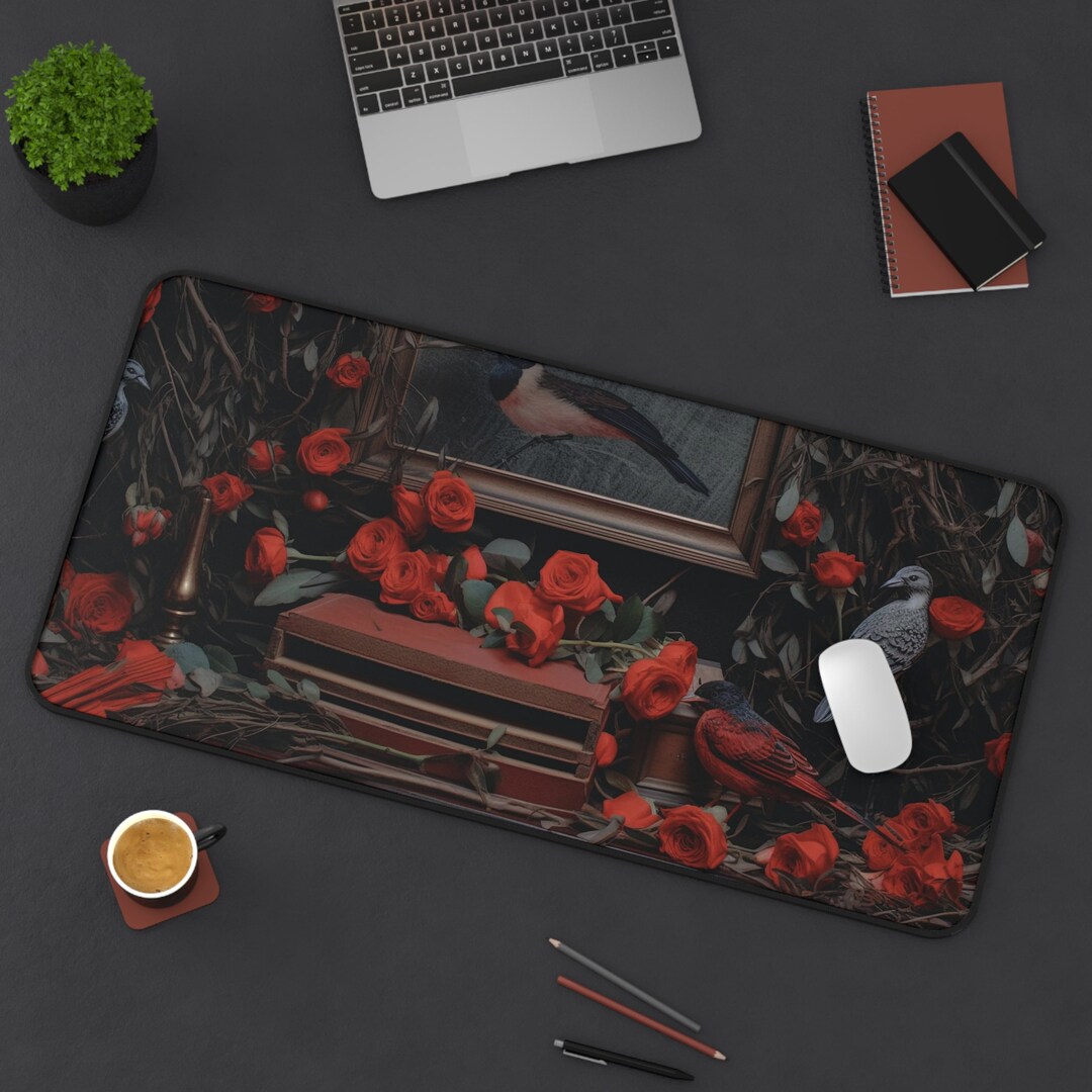 Dark Academia Roses and Birds Mousepad XL Gaming Mouse Pad XXL Nature ...