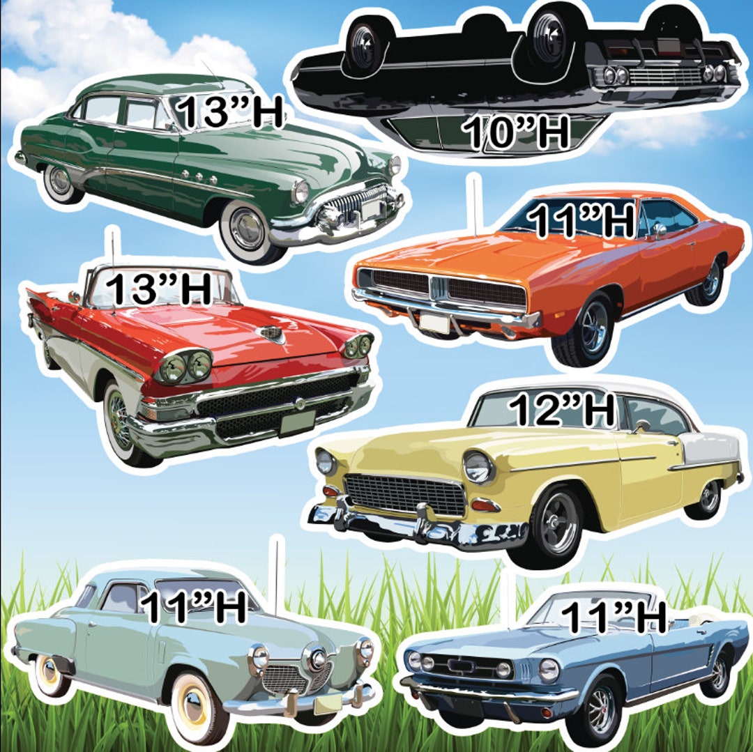 Classic Cars Party Decor Table Decorations Yard Card Coroplast Cutouts ...