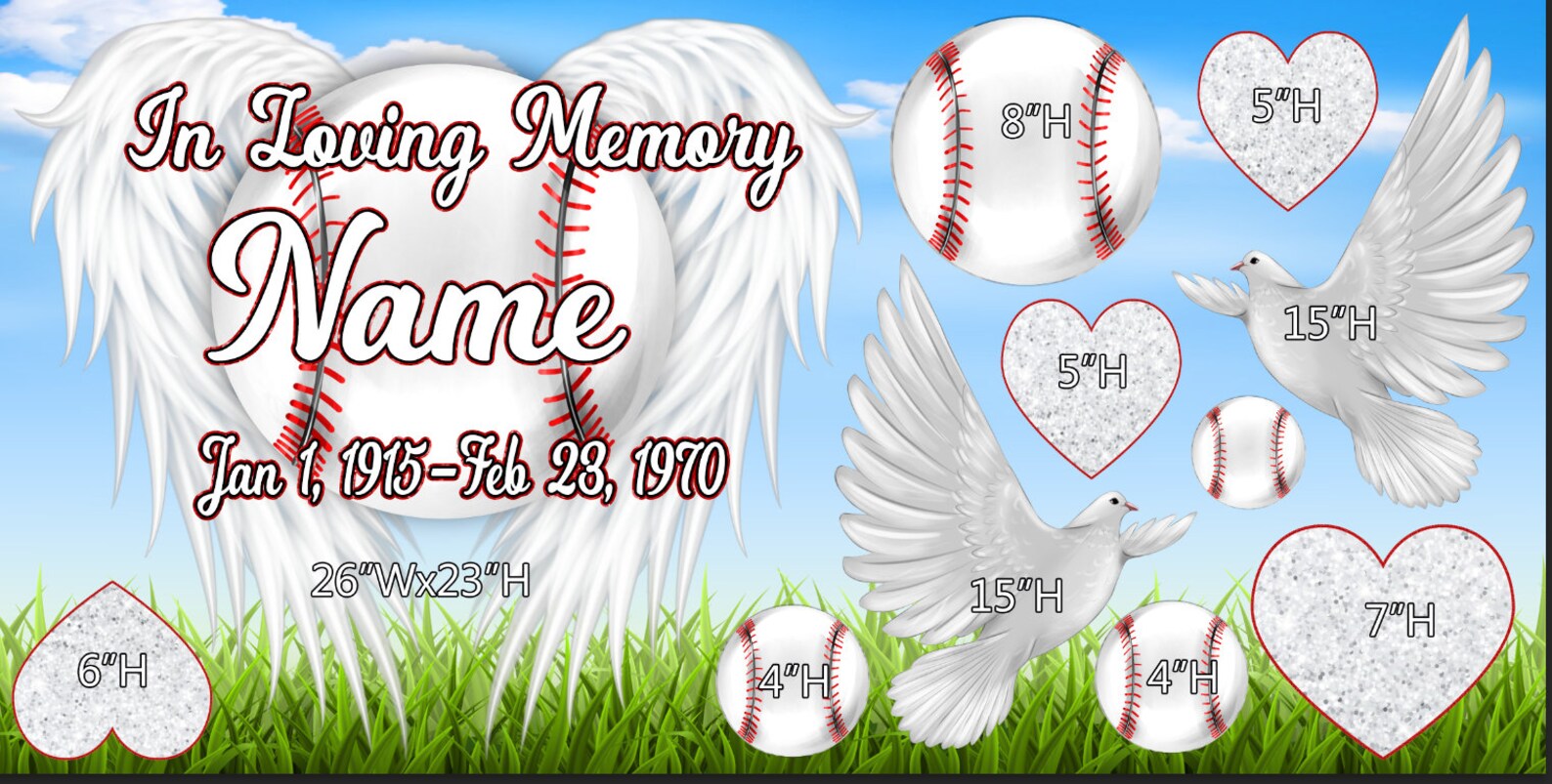 In Loving Memory Baseball Customize Yard Cards Doves Hearts Wings ...