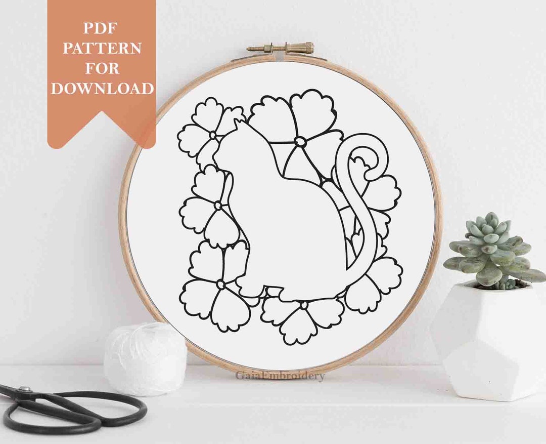 Floral Cat Embroidery Pattern Pdf for Instant Download Cat Embroidery ...