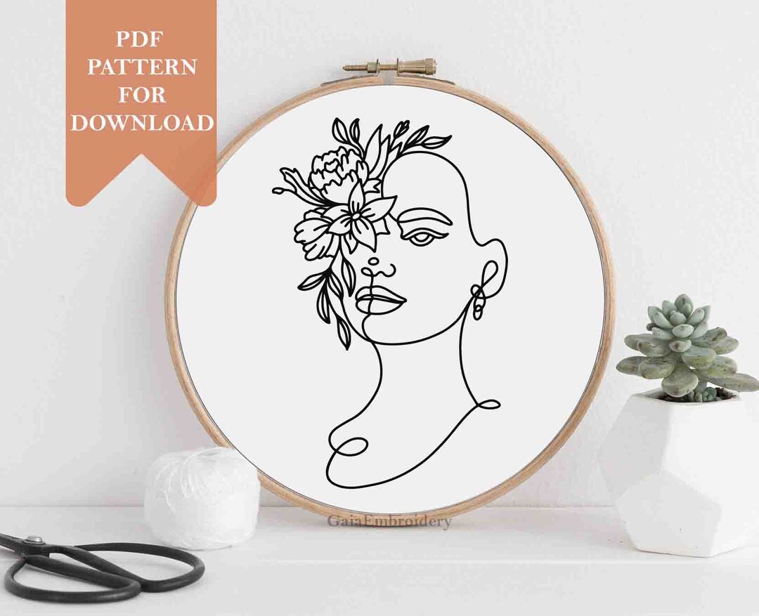 Embroidery Woman With Flower Pdf Pattern Outline Line Art Embroidery ...