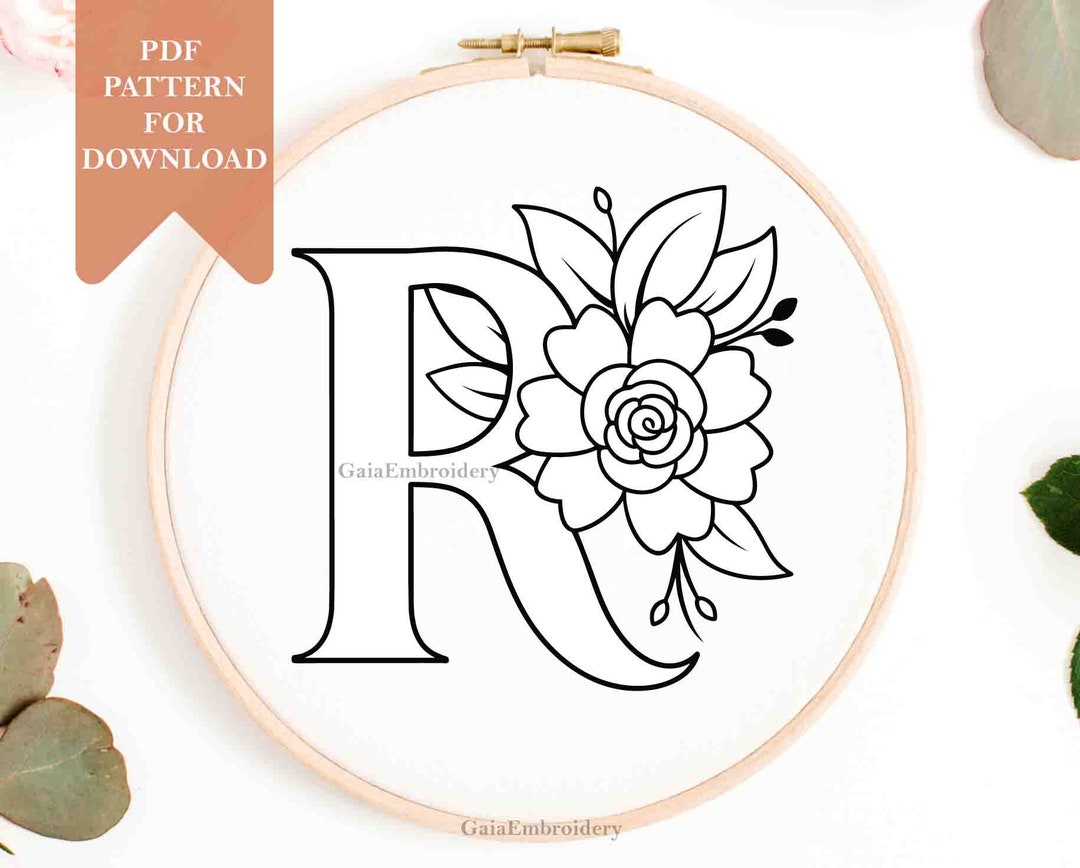 Floral Letter R Hand Embroidery Pattern Pdf Digital Download Monogram ...