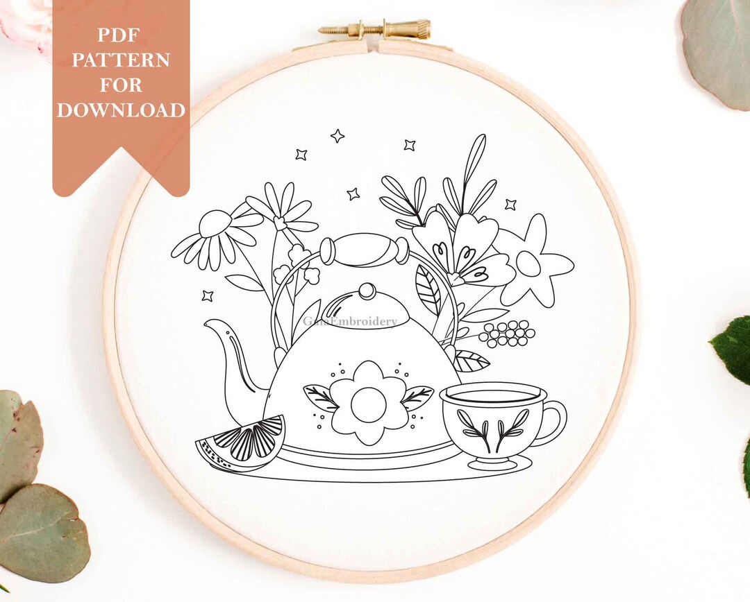 Floral Teapot Hand Embroidery Pattern for Instant Download Printable ...