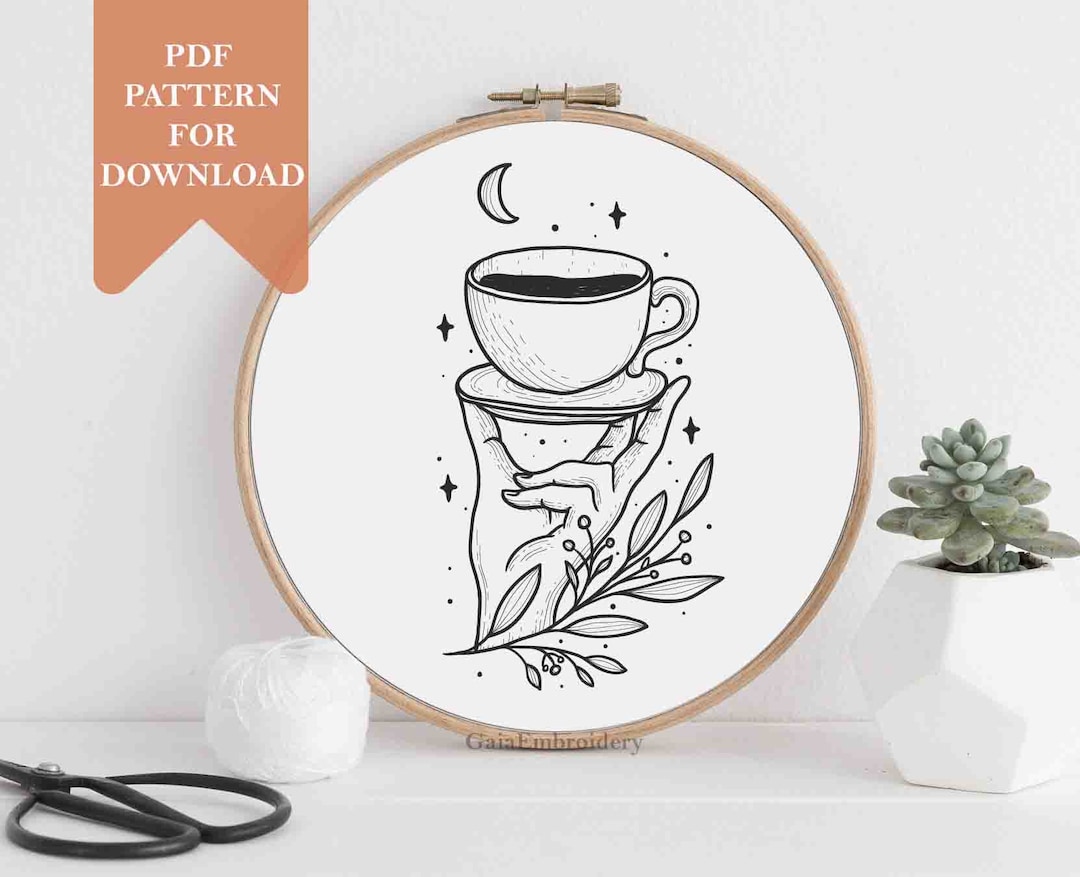 Coffee Embroidery Pattern Coffee Lover Womans Hand Floral Embroidery ...