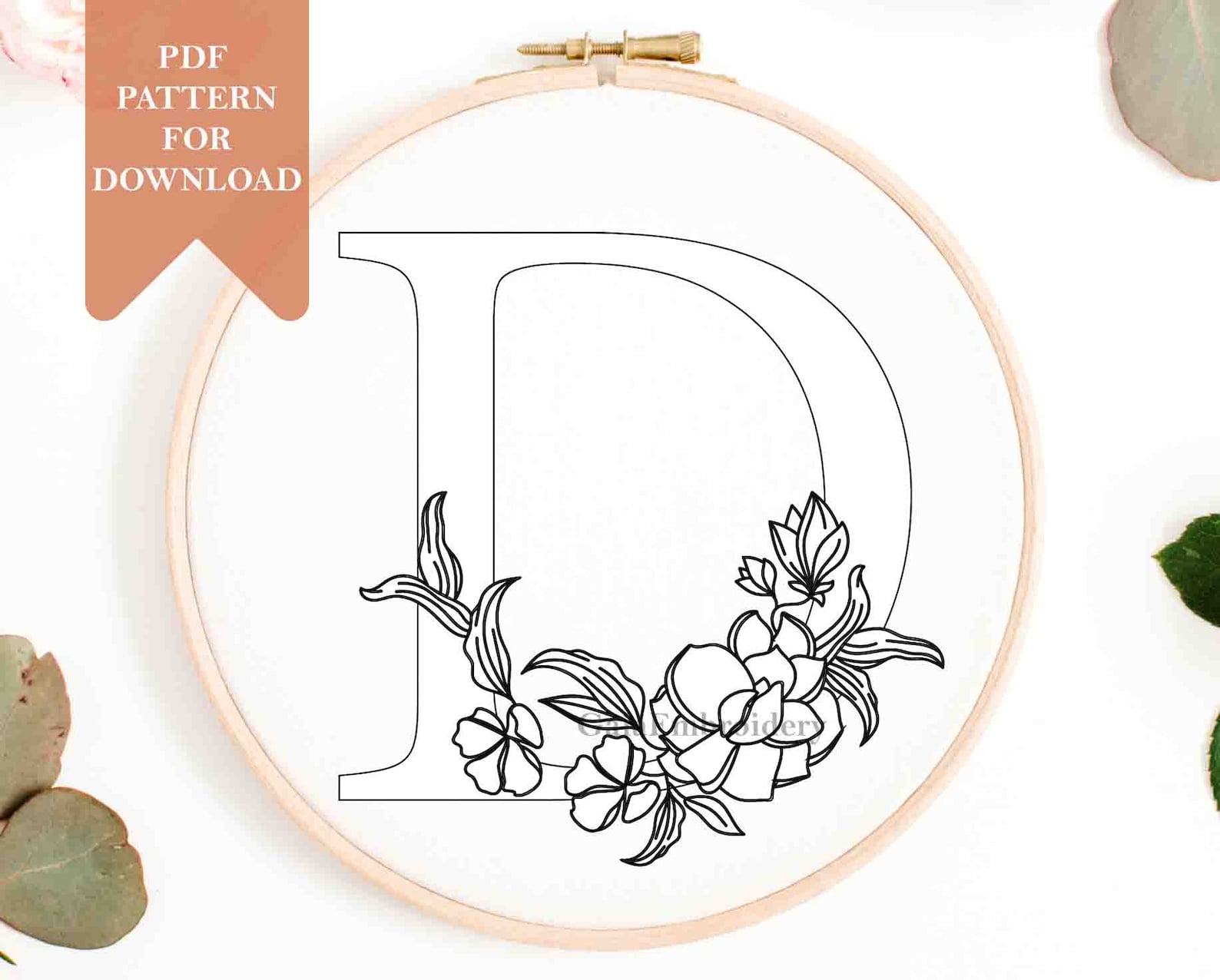 Floral Letter D Embroidery Pattern Initial Monogram Alphabet Custom ...