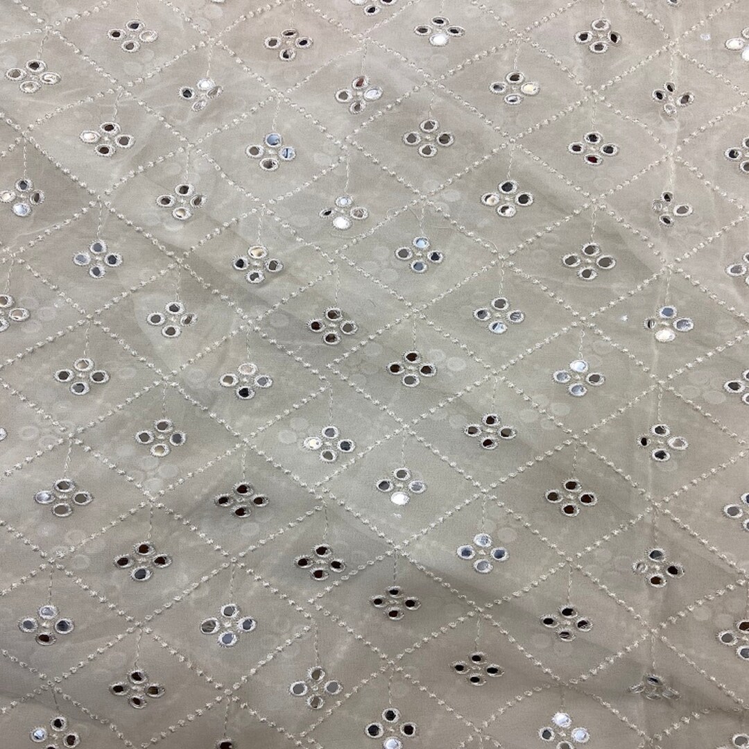 White Floral Mirror Work Embroidered Dyeable Pure Georgette Fabric - Etsy