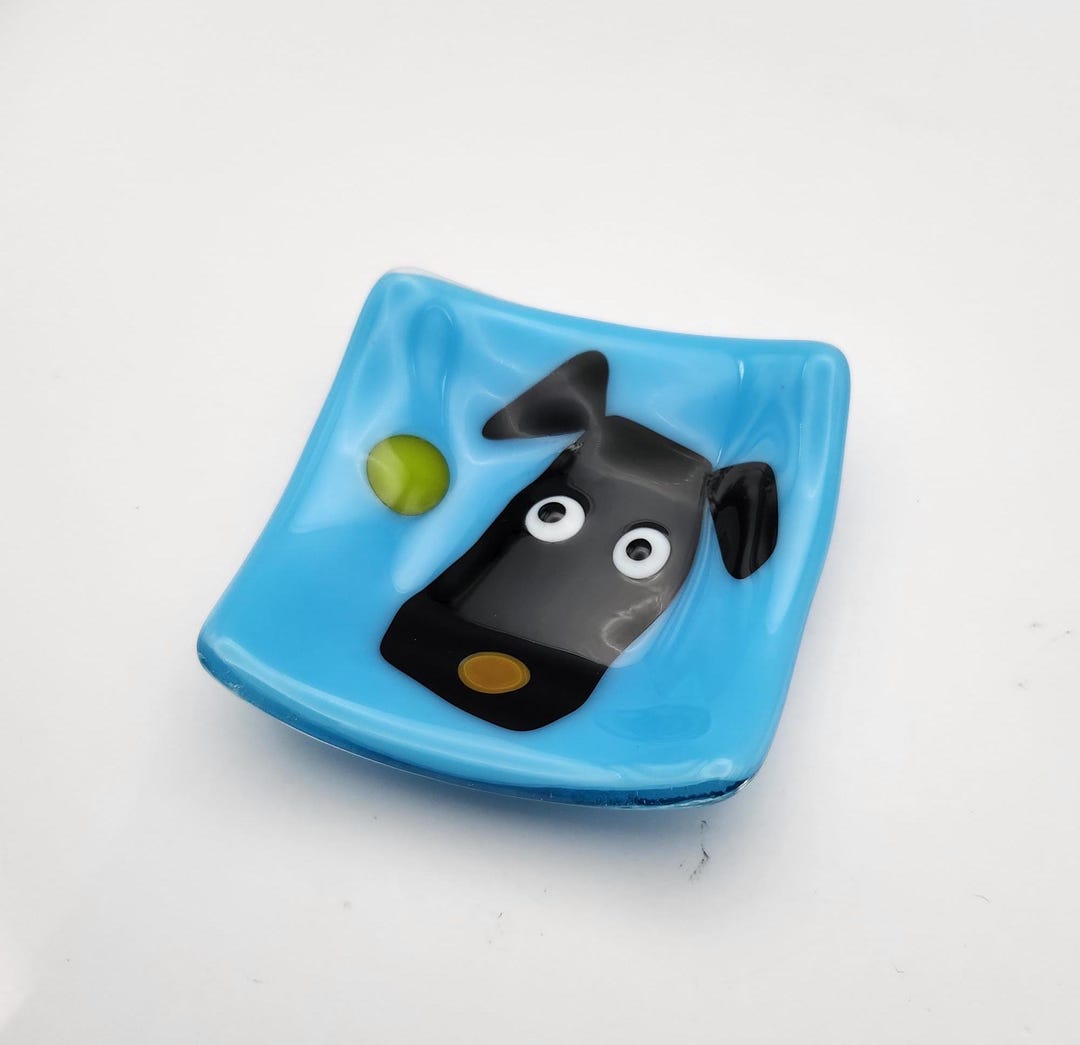 Black Lab Fused Glass Trinket Dish, Handmade; Sweet Black Dog Face on a ...