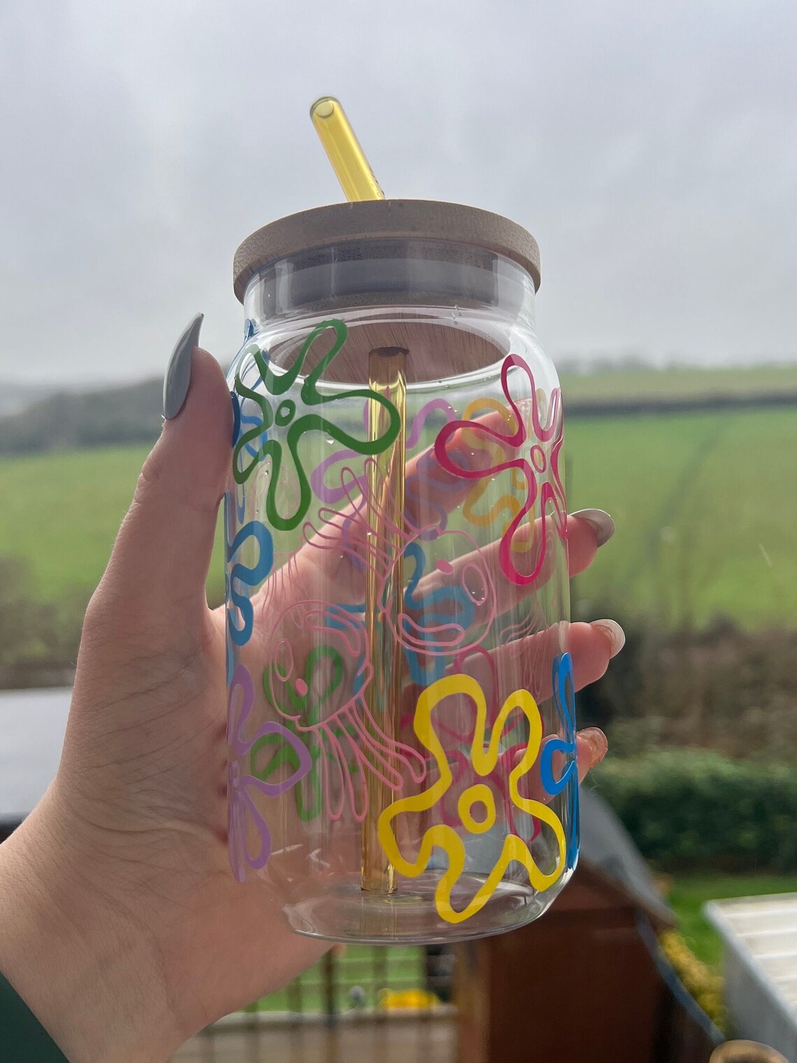 Spongebob Inspired Glass Tumbler Flower Jellyfish Bamboo Lid With Straw ...