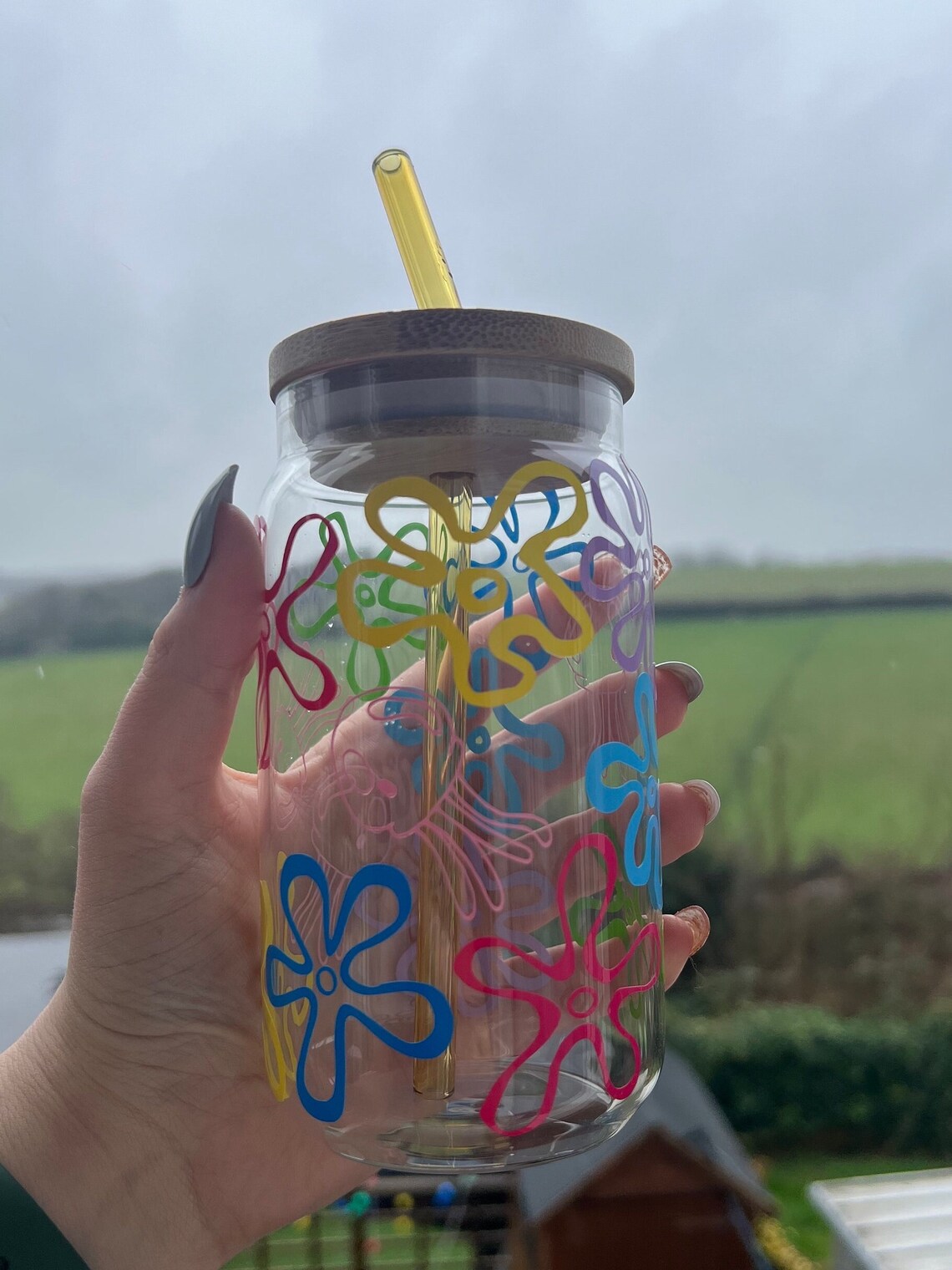 Spongebob Inspired Glass Tumbler Flower Jellyfish Bamboo Lid With Straw ...