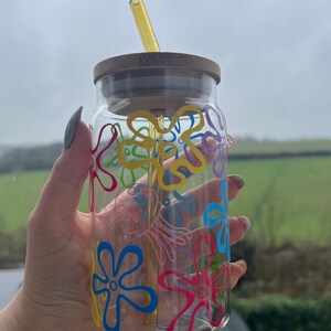 Spongebob Inspired Glass Tumbler Flower Jellyfish Bamboo Lid With Straw ...