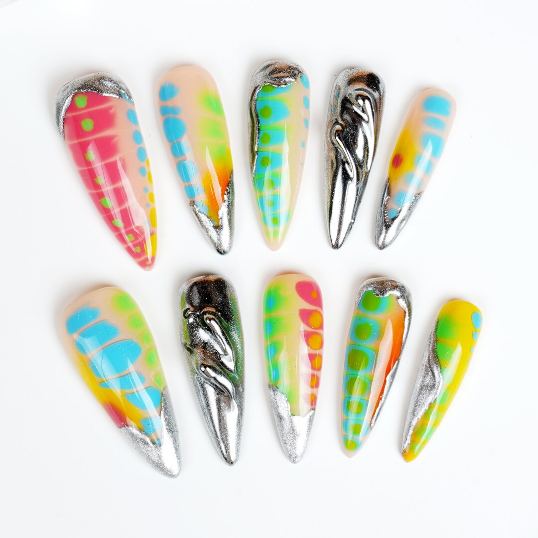 Pressed on Nails, Custom Fake Nails,colour Swoosh,handmade Nail Art ...