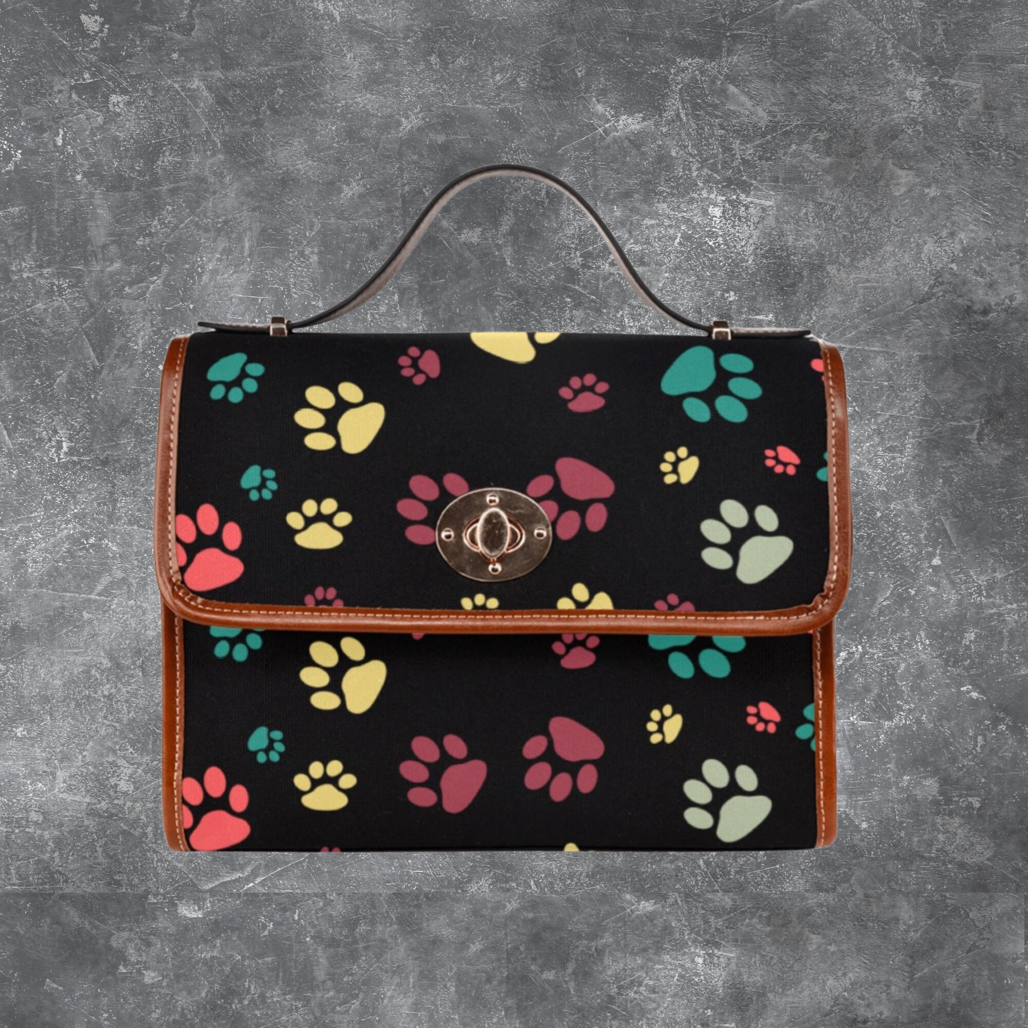 Satchel Handbag With Dog Paw Print Pattern and Shoulder Strap, Black ...