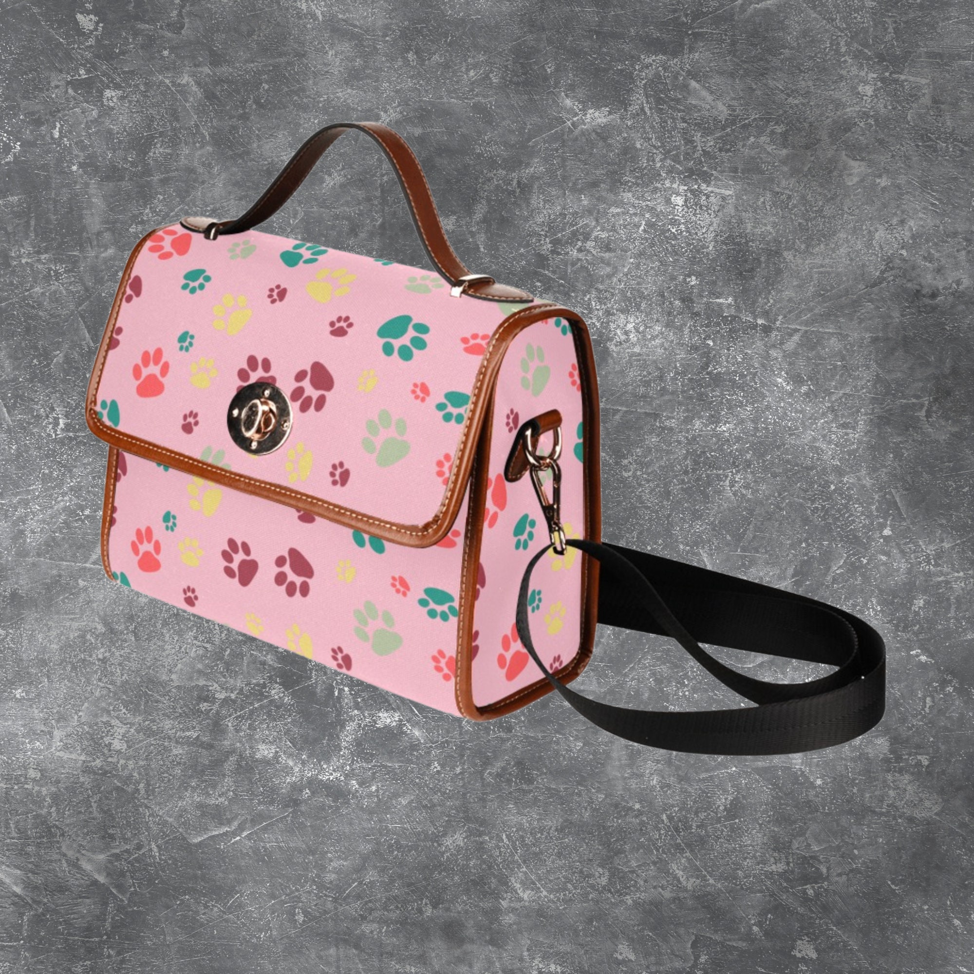 Satchel Handbag With Dog Paw Print Pattern and Shoulder Strap, Black ...