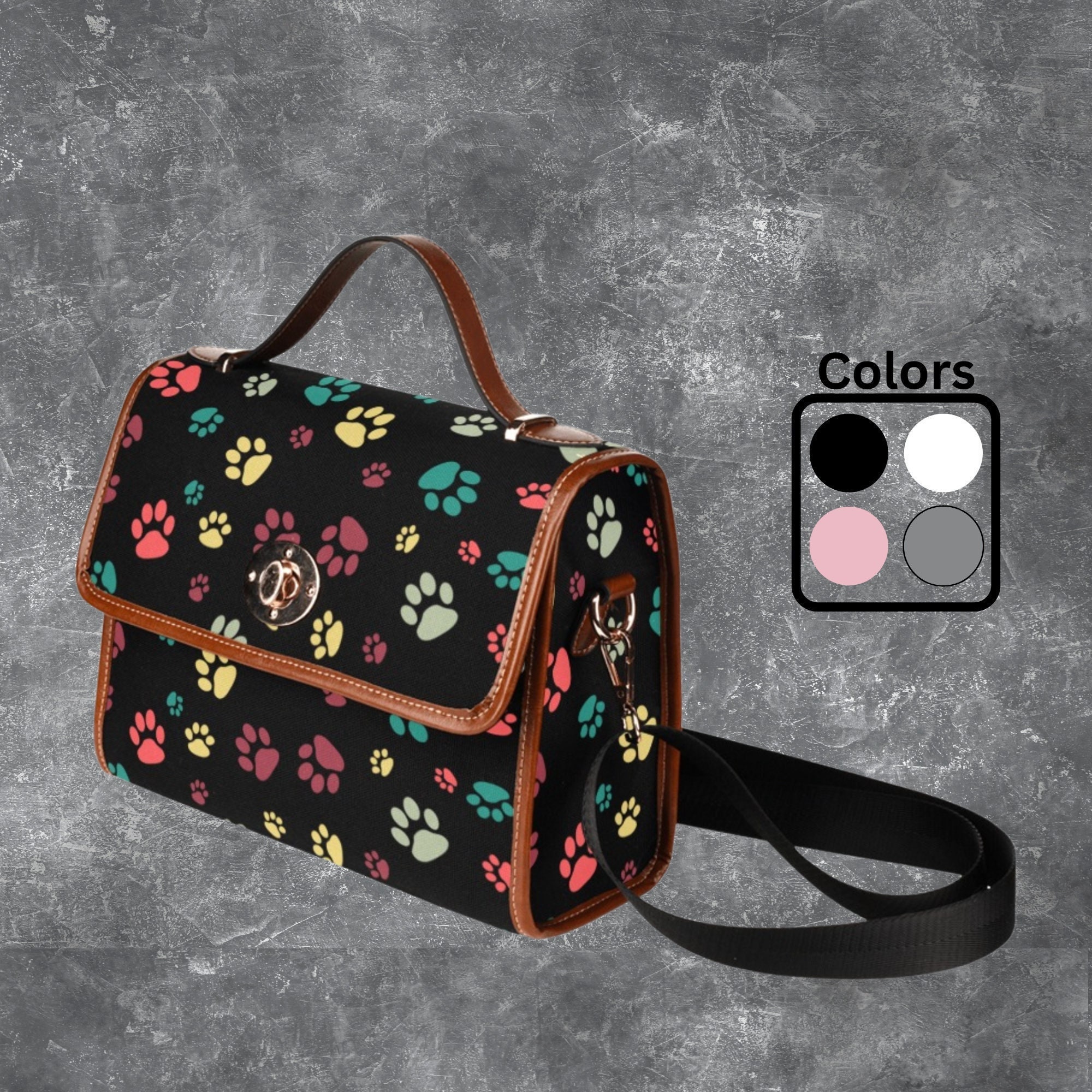 Satchel Handbag With Dog Paw Print Pattern and Shoulder Strap, Black ...