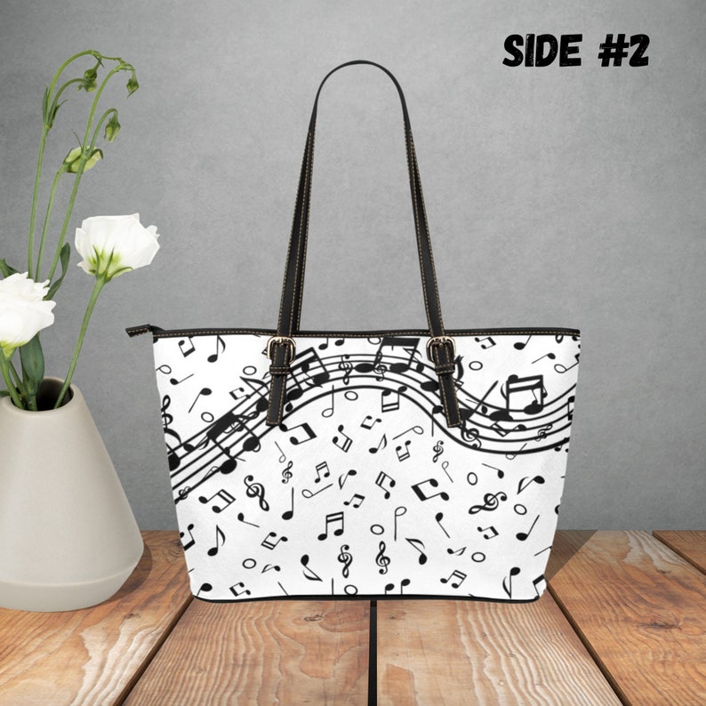 Music Notes and Treble Clef Faux Leather Tote Bag, Black and White ...