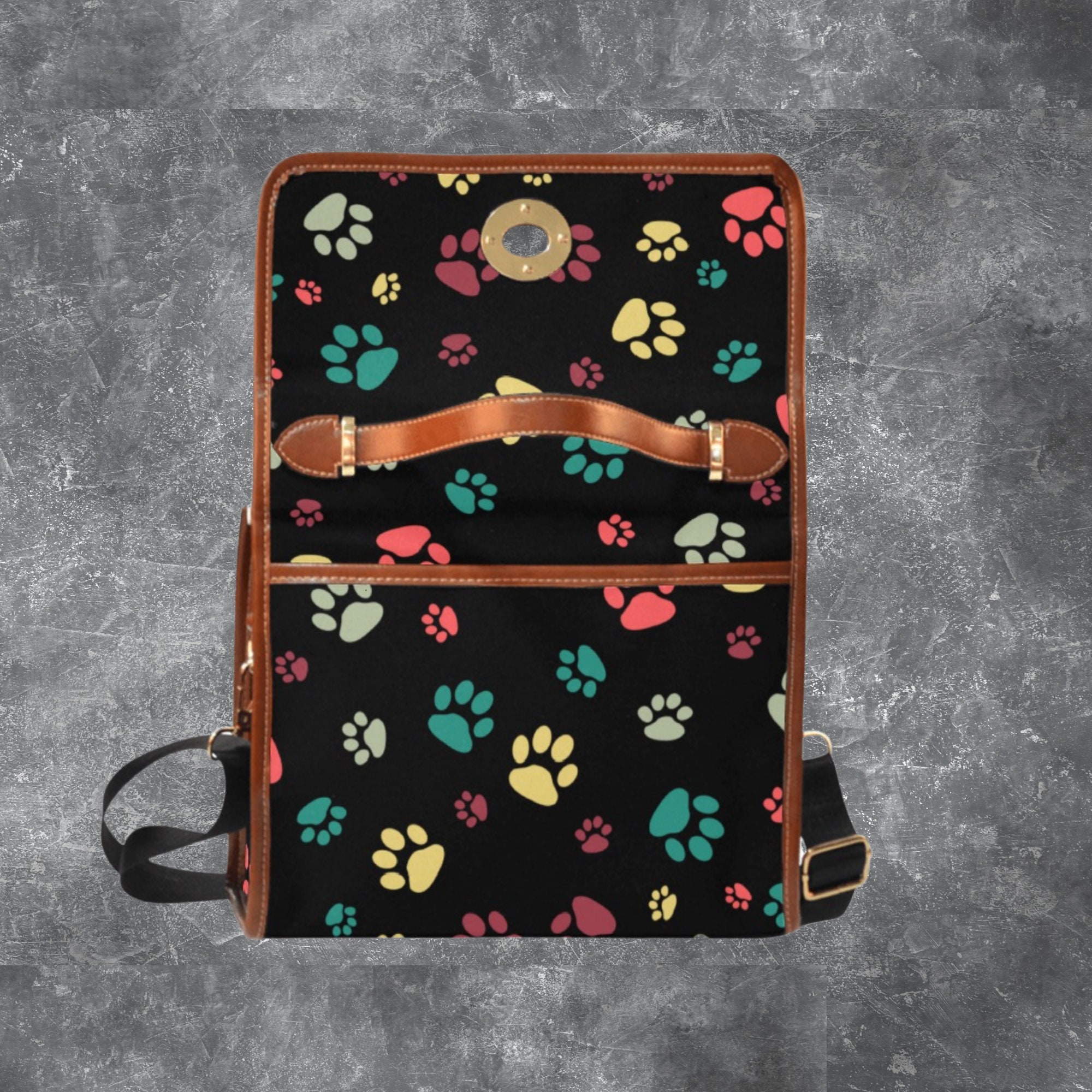 Satchel Handbag With Dog Paw Print Pattern and Shoulder Strap, Black ...