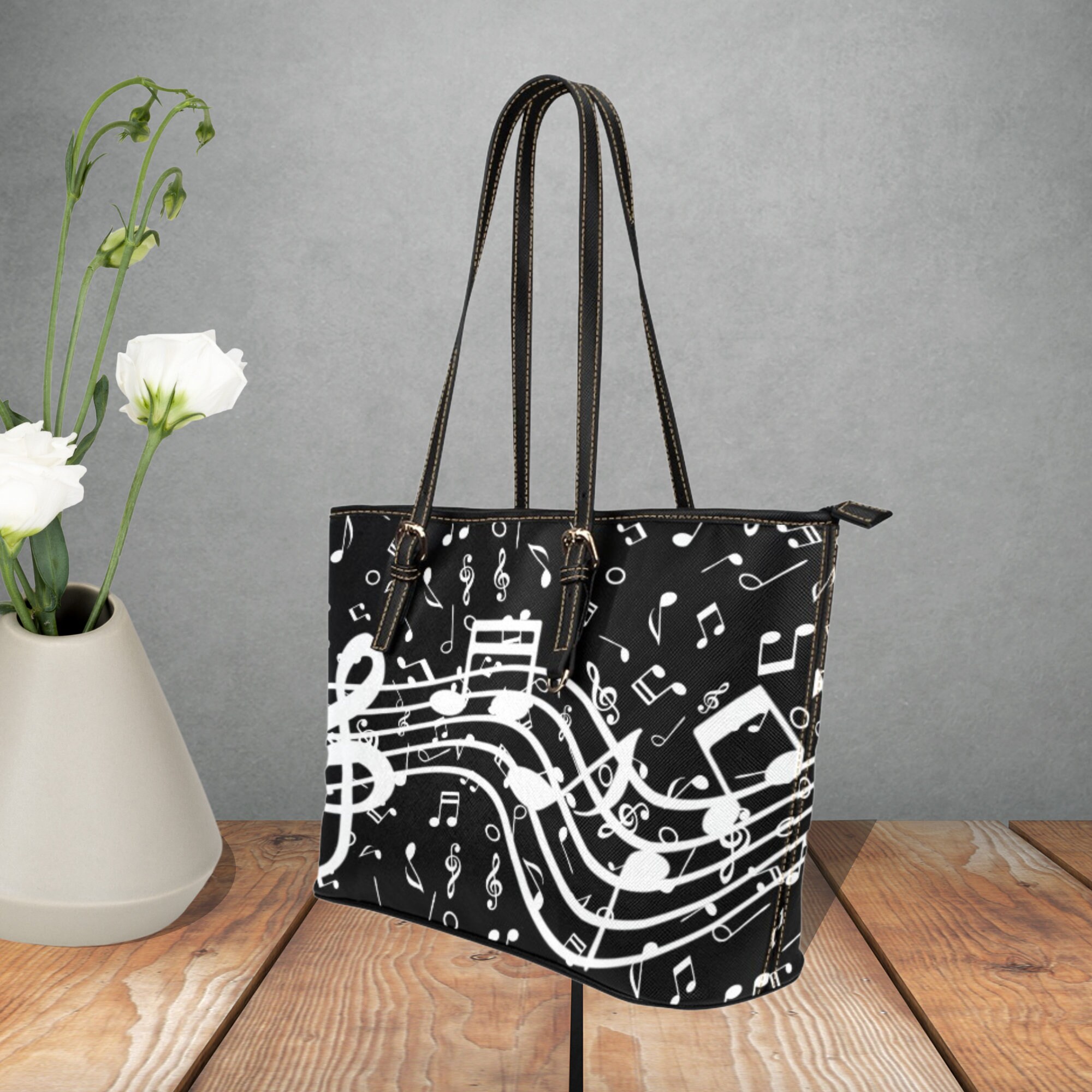 Music Notes and Treble Clef Faux Leather Tote Bag, Black and White ...