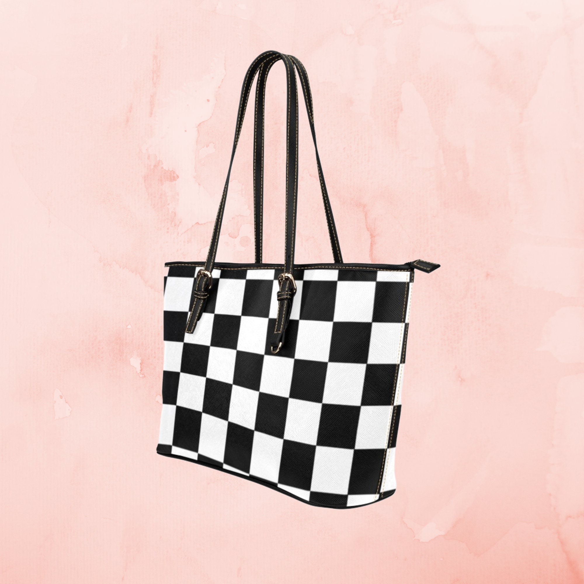 Checkerboard Pattern Large Leather Tote Bag, Multi Color Tote With ...