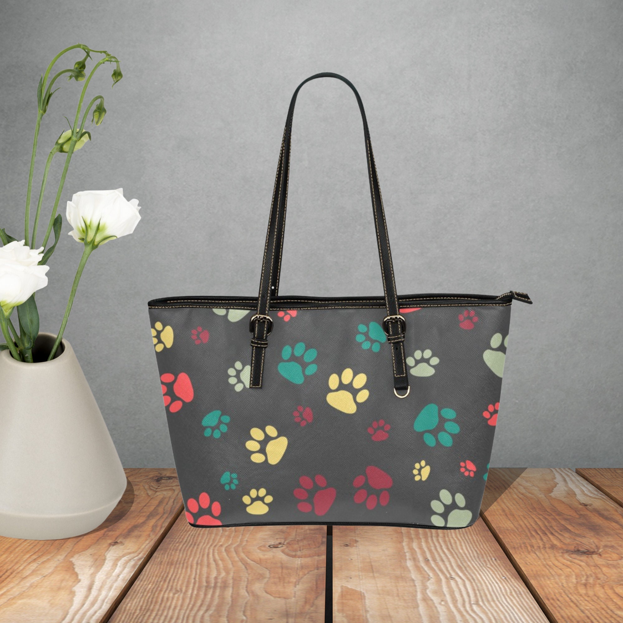 Dog Paw Prints on a Large Faux Leather Handbag, Womens White, Black ...