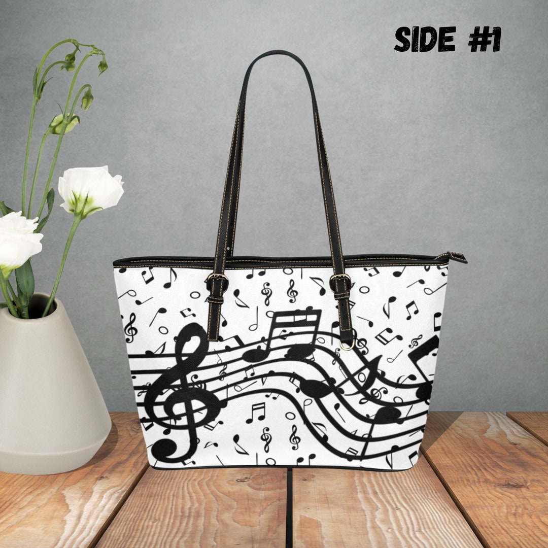 Music Notes and Treble Clef Faux Leather Tote Bag, Black and White ...