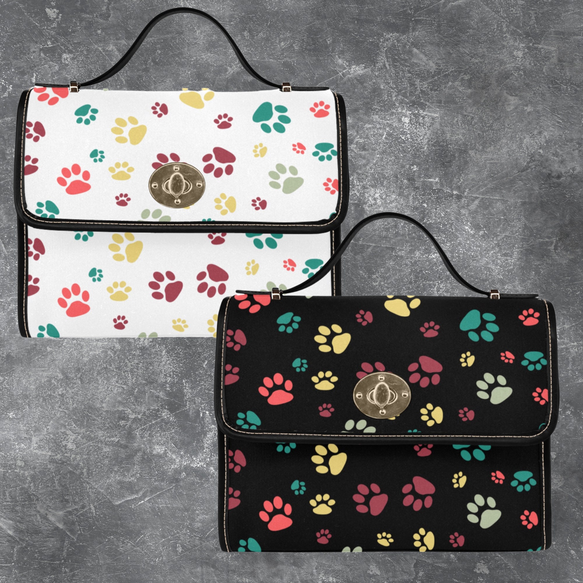 Dog Paw Print Satchel: Waterproof Canvas Handbag With PU Leather Trim ...