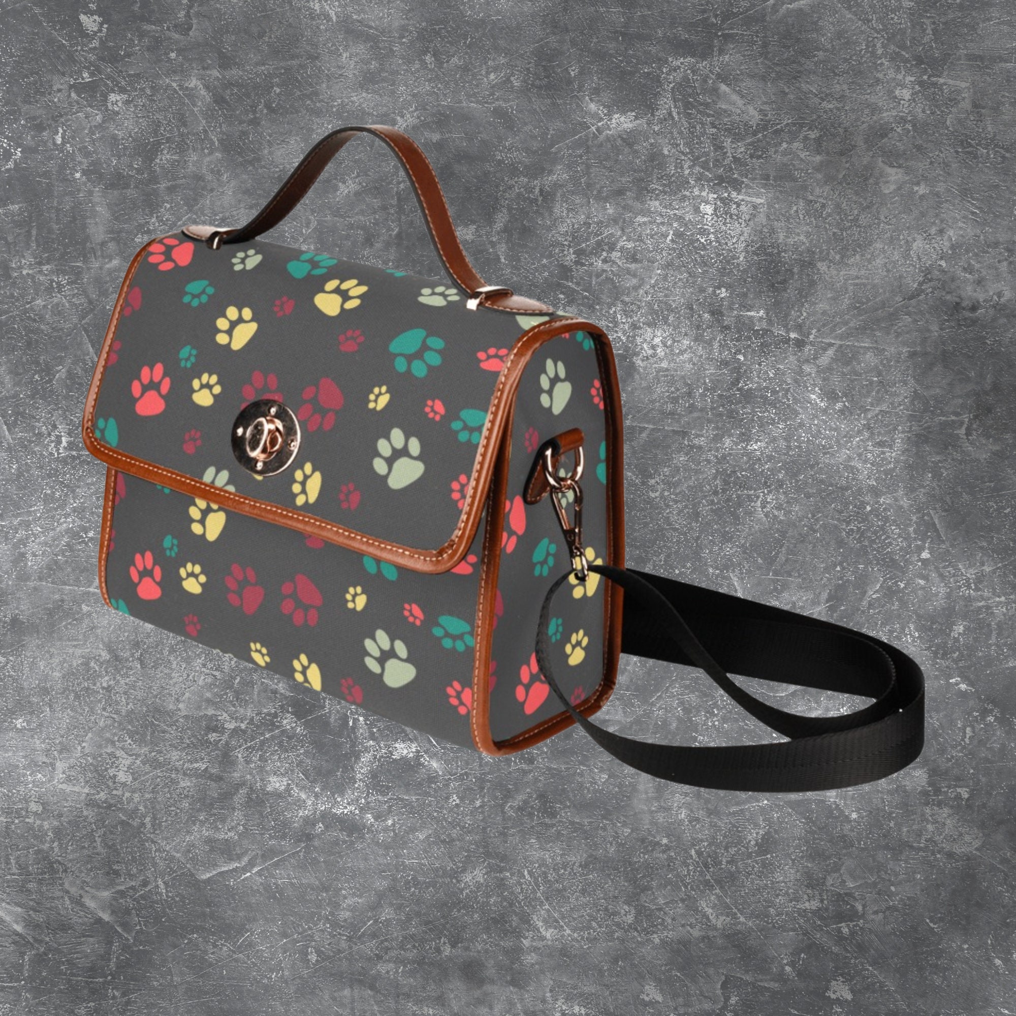 Satchel Handbag With Dog Paw Print Pattern and Shoulder Strap, Black ...