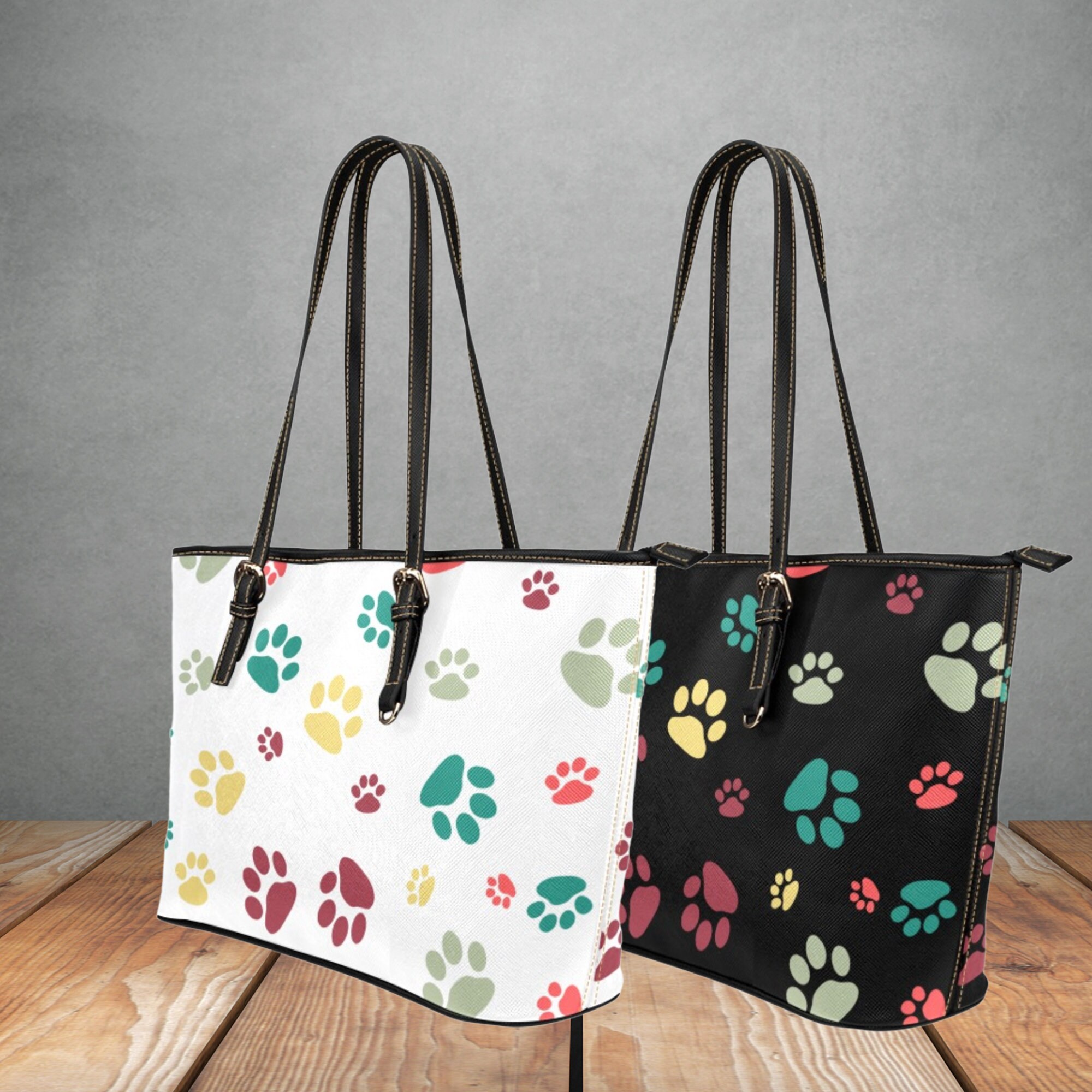 Dog Paw Prints on a Large Faux Leather Handbag, Womens White, Black ...