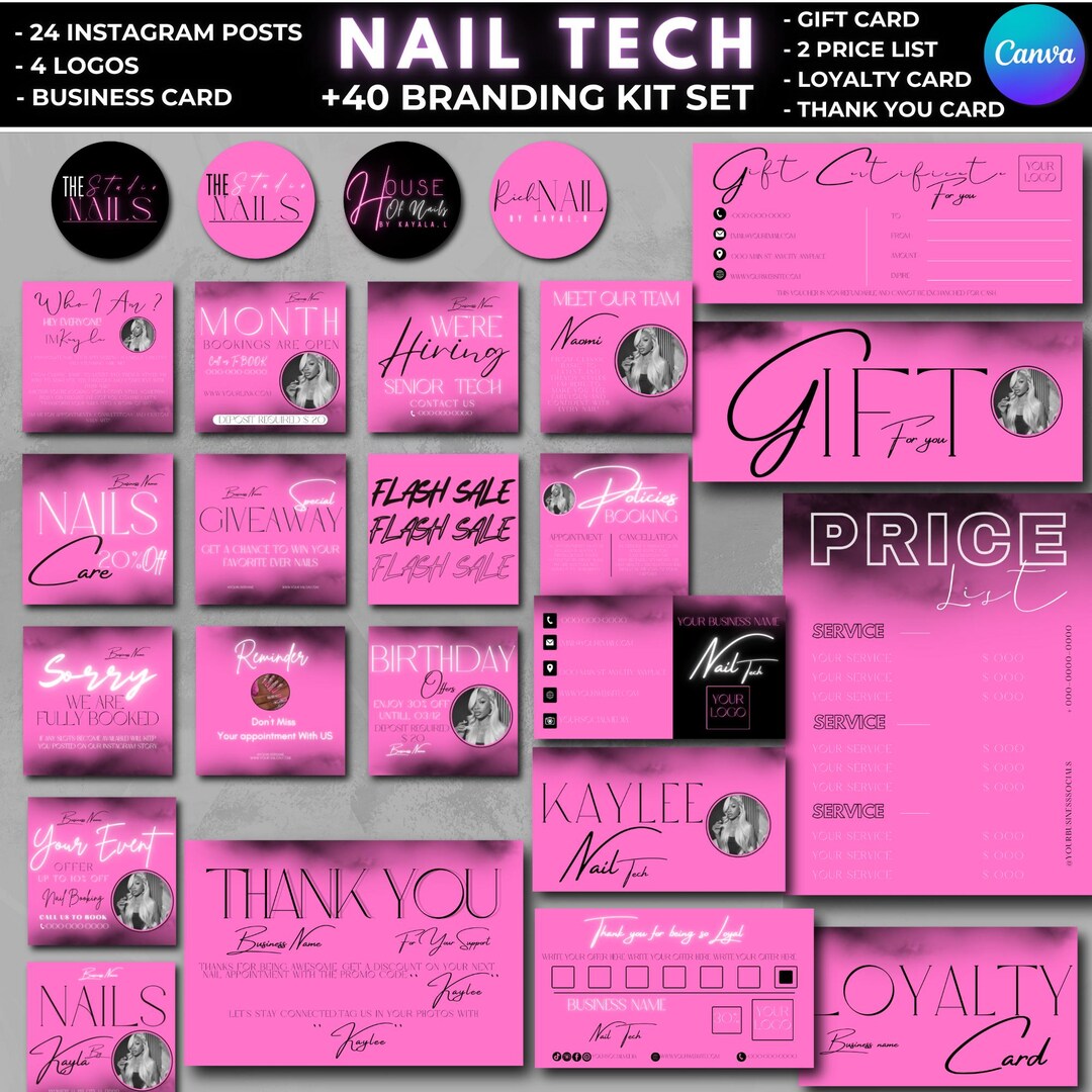 Pink Nail Tech Branding Kit: Logo, Business Card Templates (canva ...