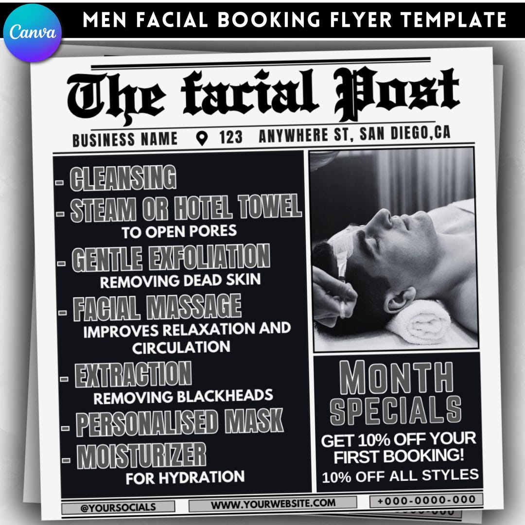 Men's Spa Facial Flyer Template: Barber Shop Grooming, Editable Canva ...
