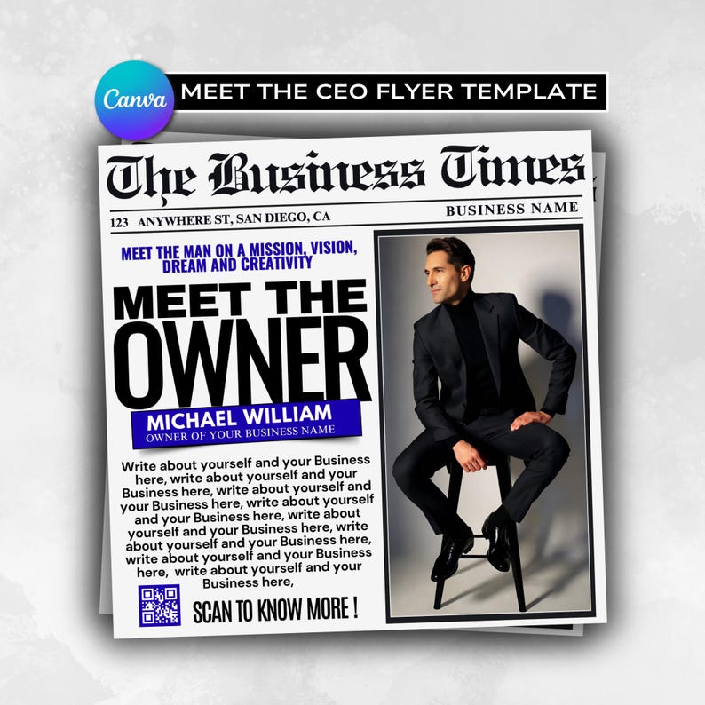 Meet the CEO Flyer Template: Canva Branding, Business Owner Spotlight ...