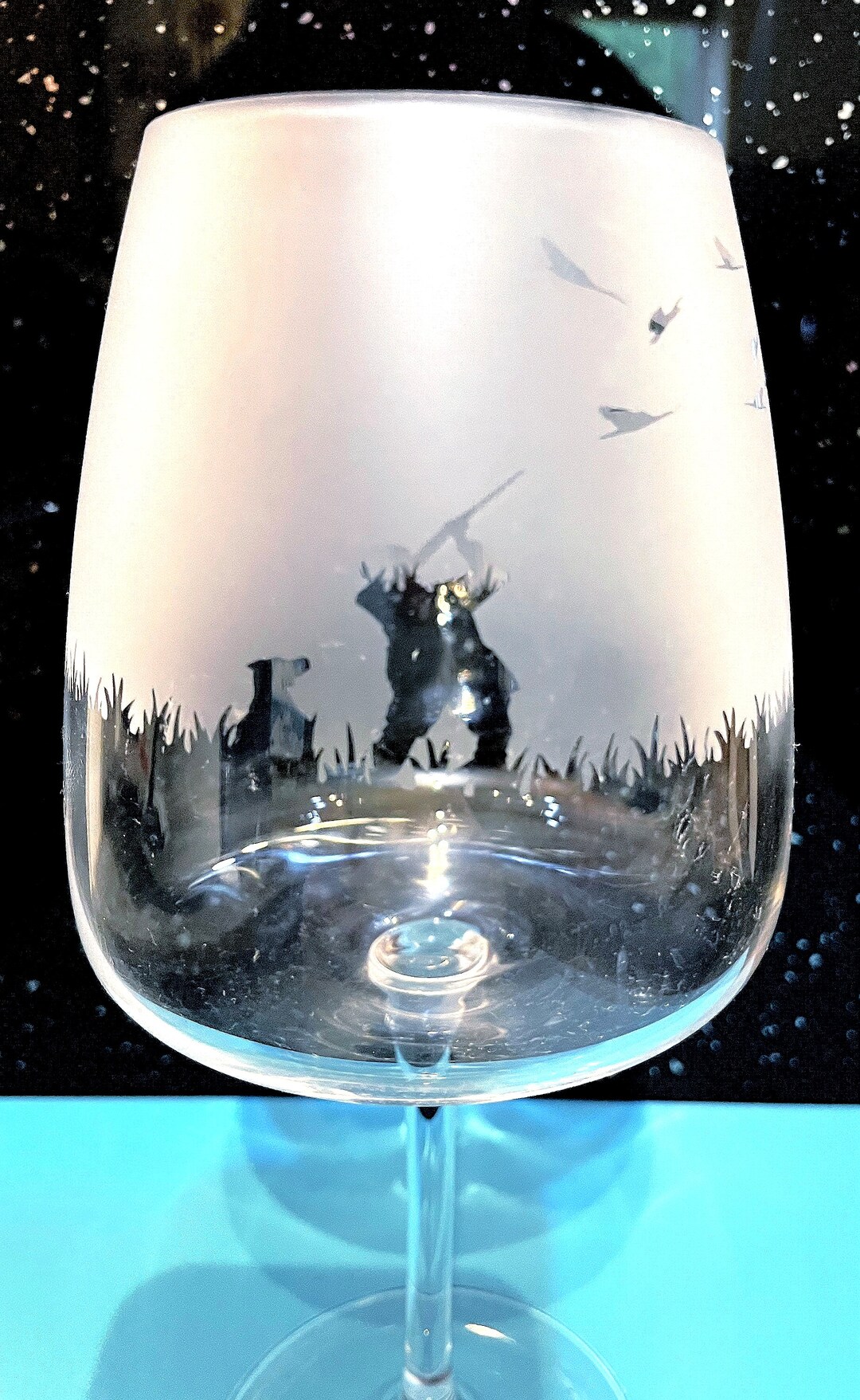 Etched Large Wine Glass Hunter, Dog and Birds Red Wine Drinking Glass ...