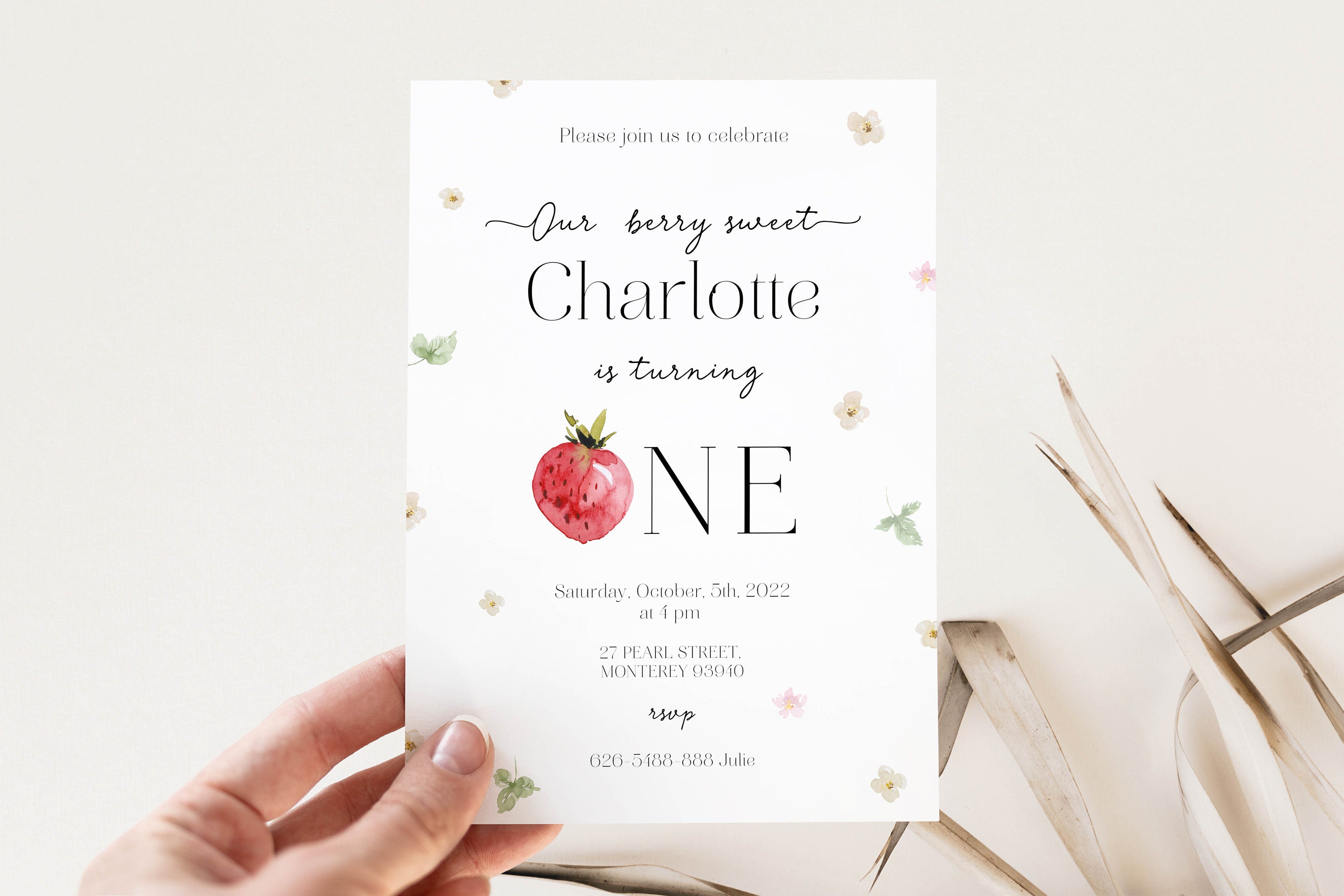 Strawberry Turning One Invitation, Strawberry 1st Birthday Invite, Girl ...