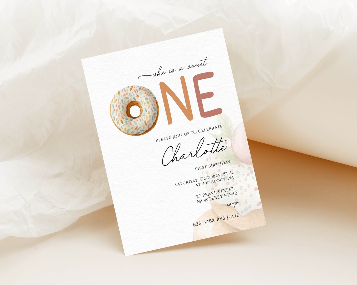 Donut First Birthday Invitation Template, Donut Sweet One Birthday ...