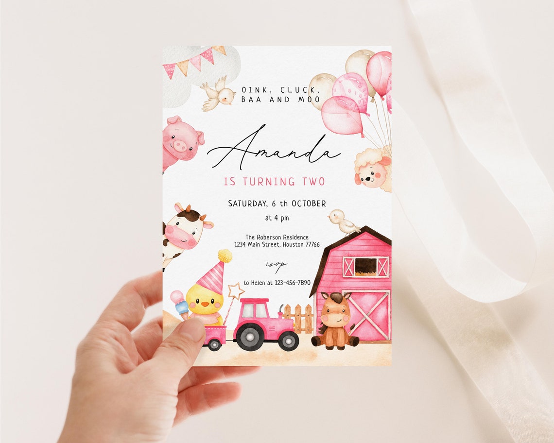 Farm First Birthday Girl Invitation Template, Farm Animal Invitation ...