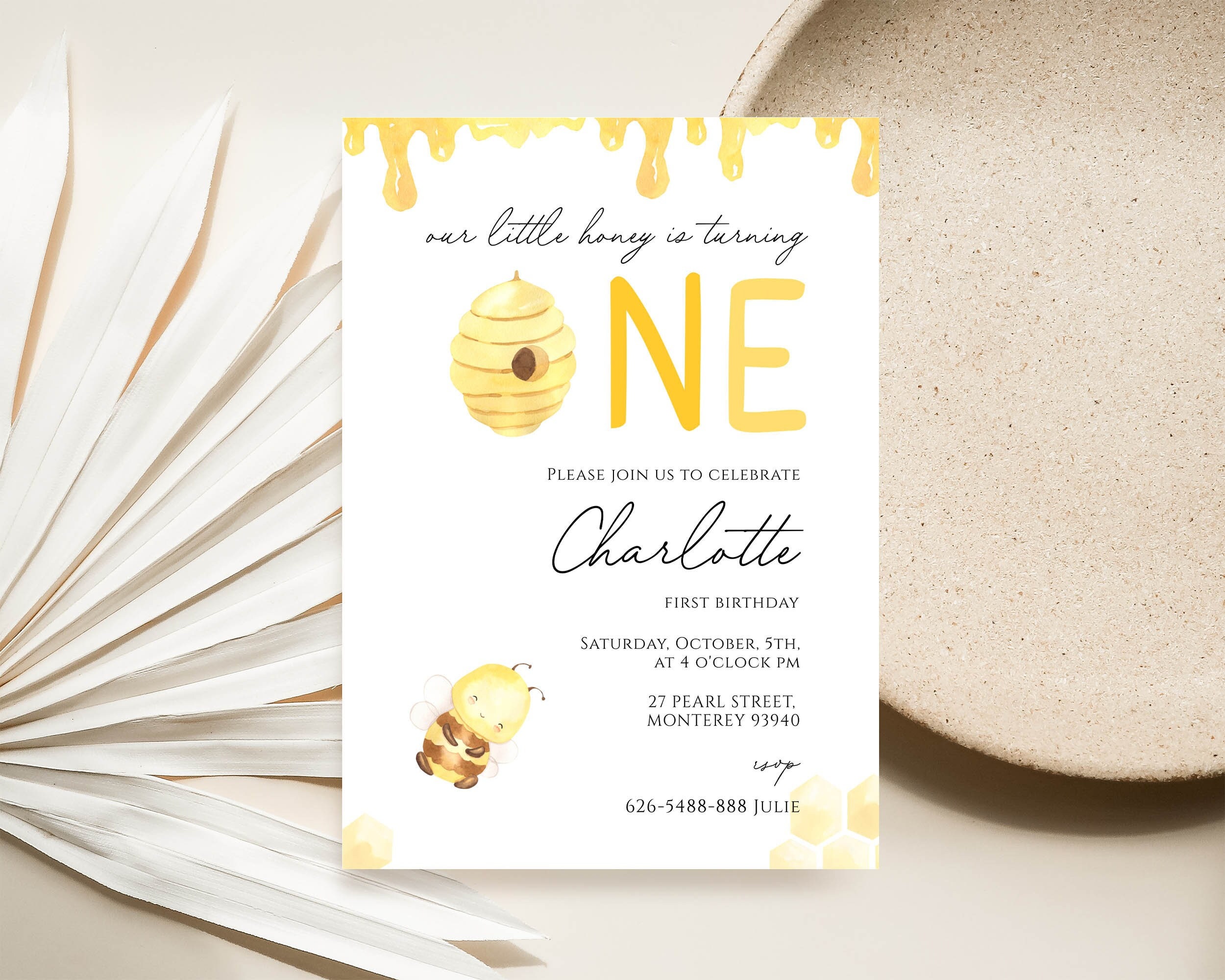 Honey Bee First Birthday Invitation Template, One Bee Day, Bee 1st ...