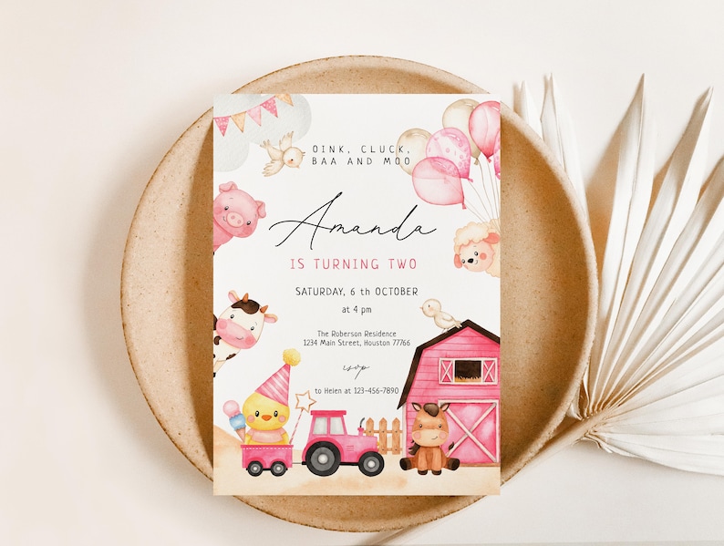 Farm First Birthday Girl Invitation Template, Farm Animal Invitation ...