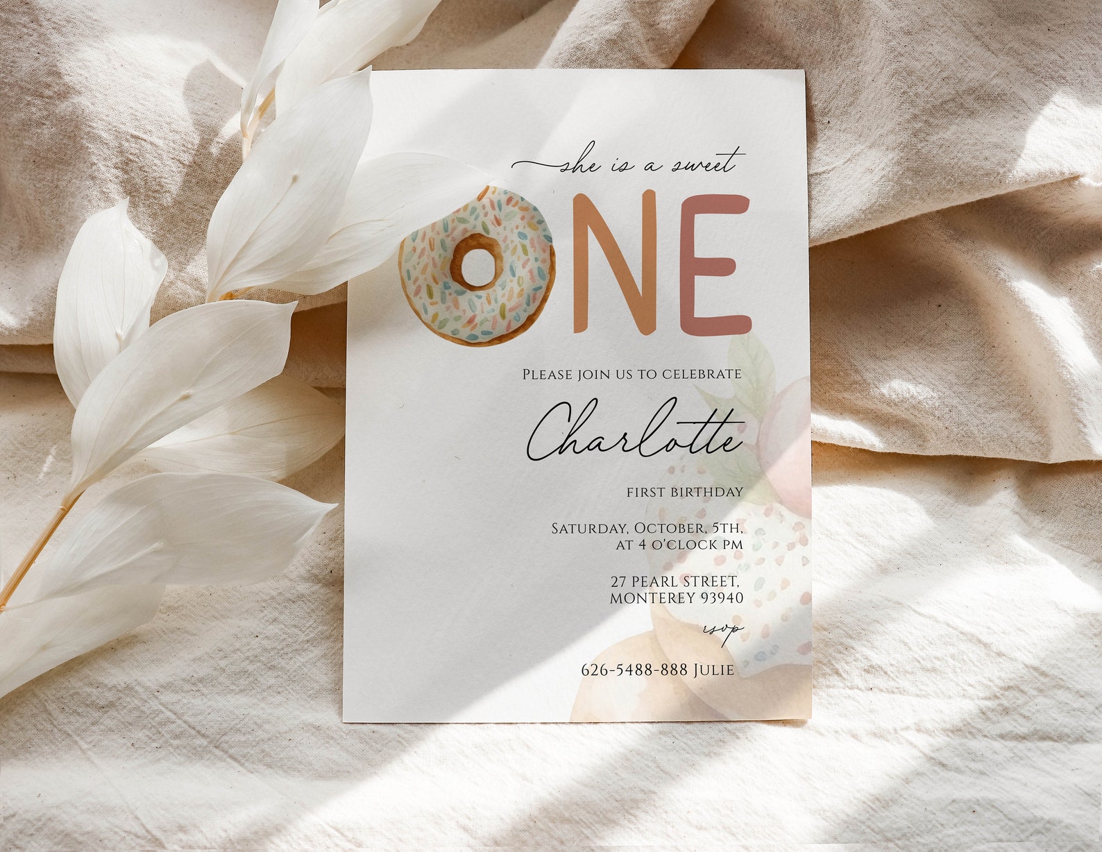 Donut First Birthday Invitation Template, Donut Sweet One Birthday ...