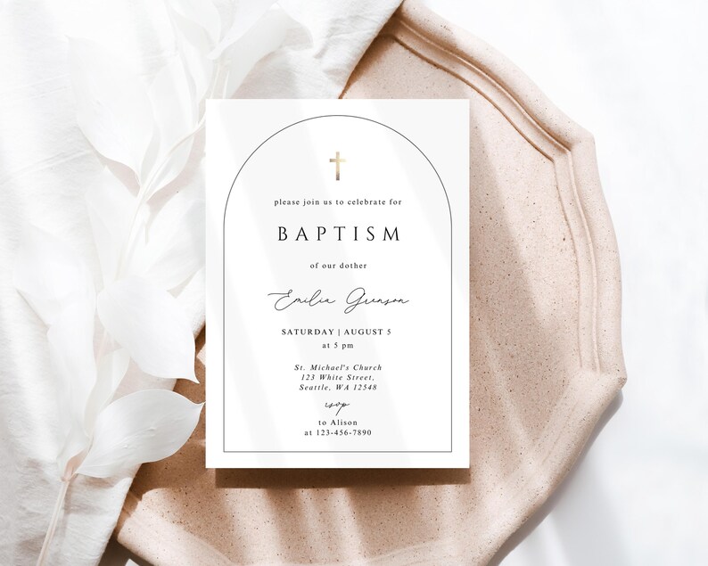 Baptism Invitation Template, Modern Baptism Invite, Arch Minimalist ...