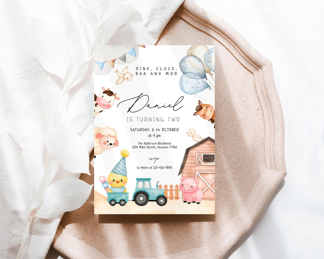 Farm First Birthday Boy Invitation Template, Farm Animal Invitation ...