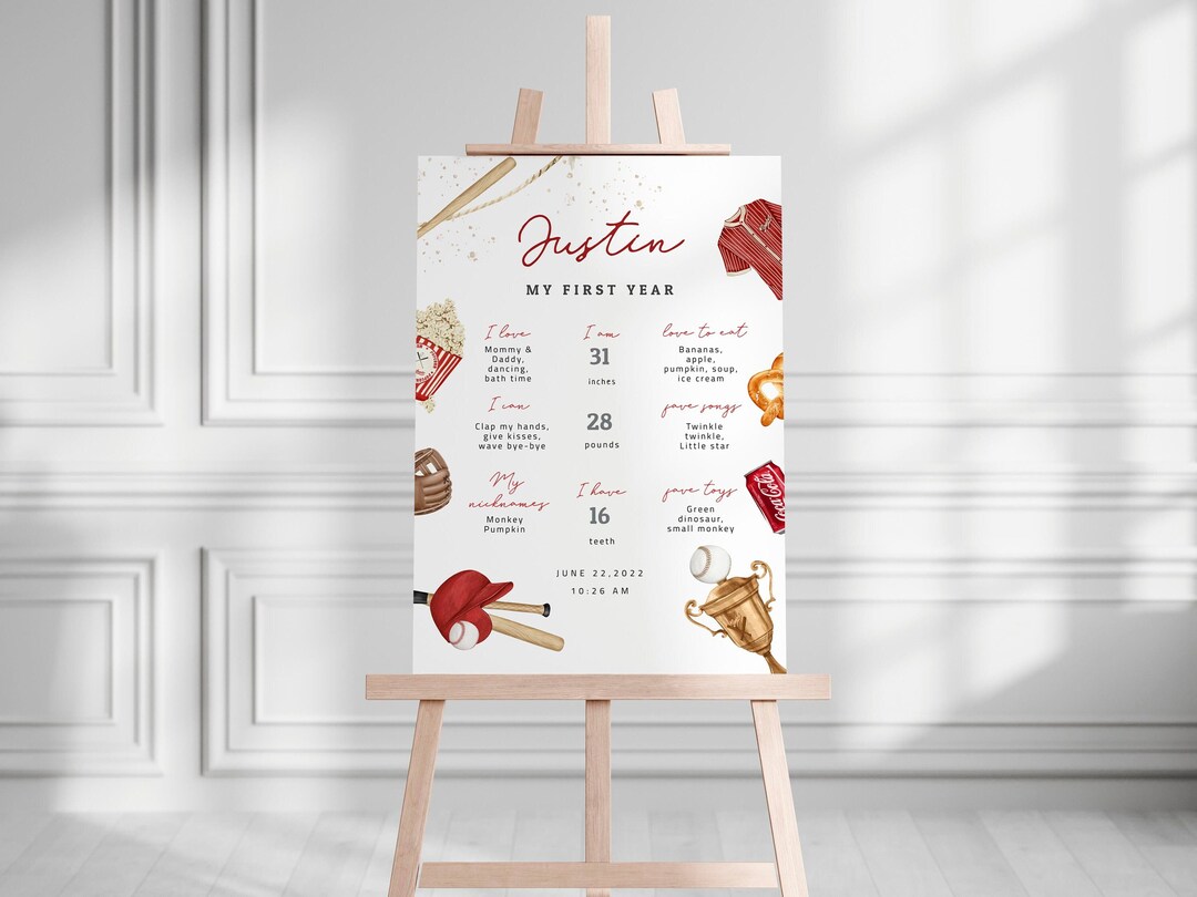 Baseball 1st Birthday Poster, Baseball Birthday, Milestone Poster, Red ...